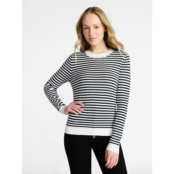 Time and Tru Women's Stripe Pointelle Rib Sweater with Long Sleeves ...