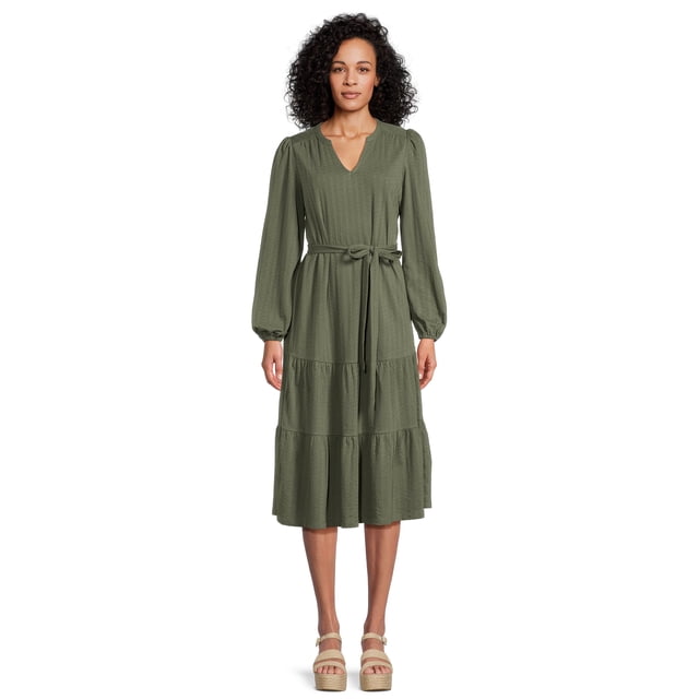 Time and Tru Women's Long Sleeve Textured Midi Dress - Walmart.com