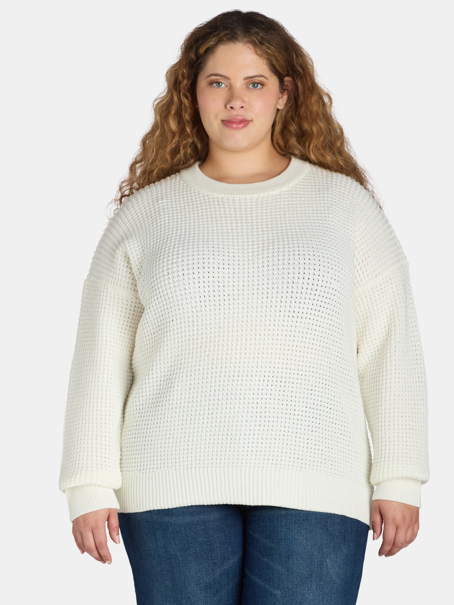 Time and Tru Women's and Women's Plus Waffle Stitch Sweater with Long ...