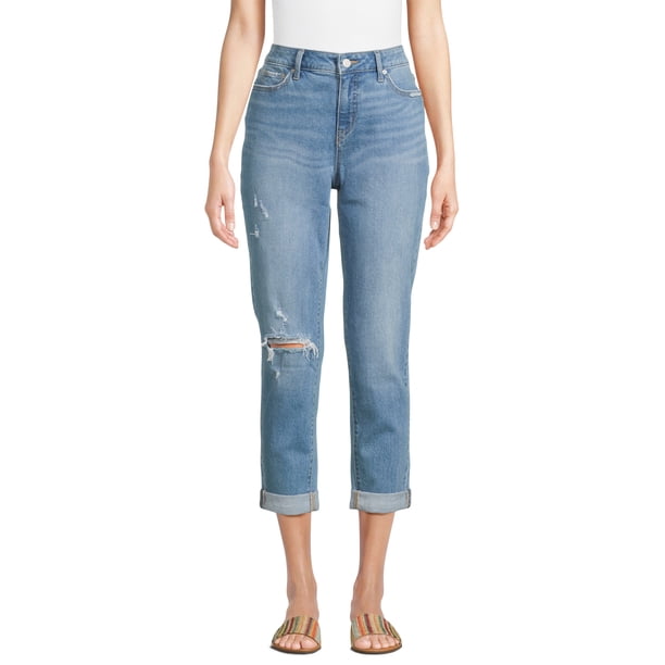 Time and Tru Women's Mid Rise Cropped Boyfriend Jeans with Rolled Cuffs ...
