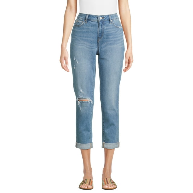 Time and Tru Women's Mid Rise Cropped Boyfriend Jeans with Rolled Cuffs ...