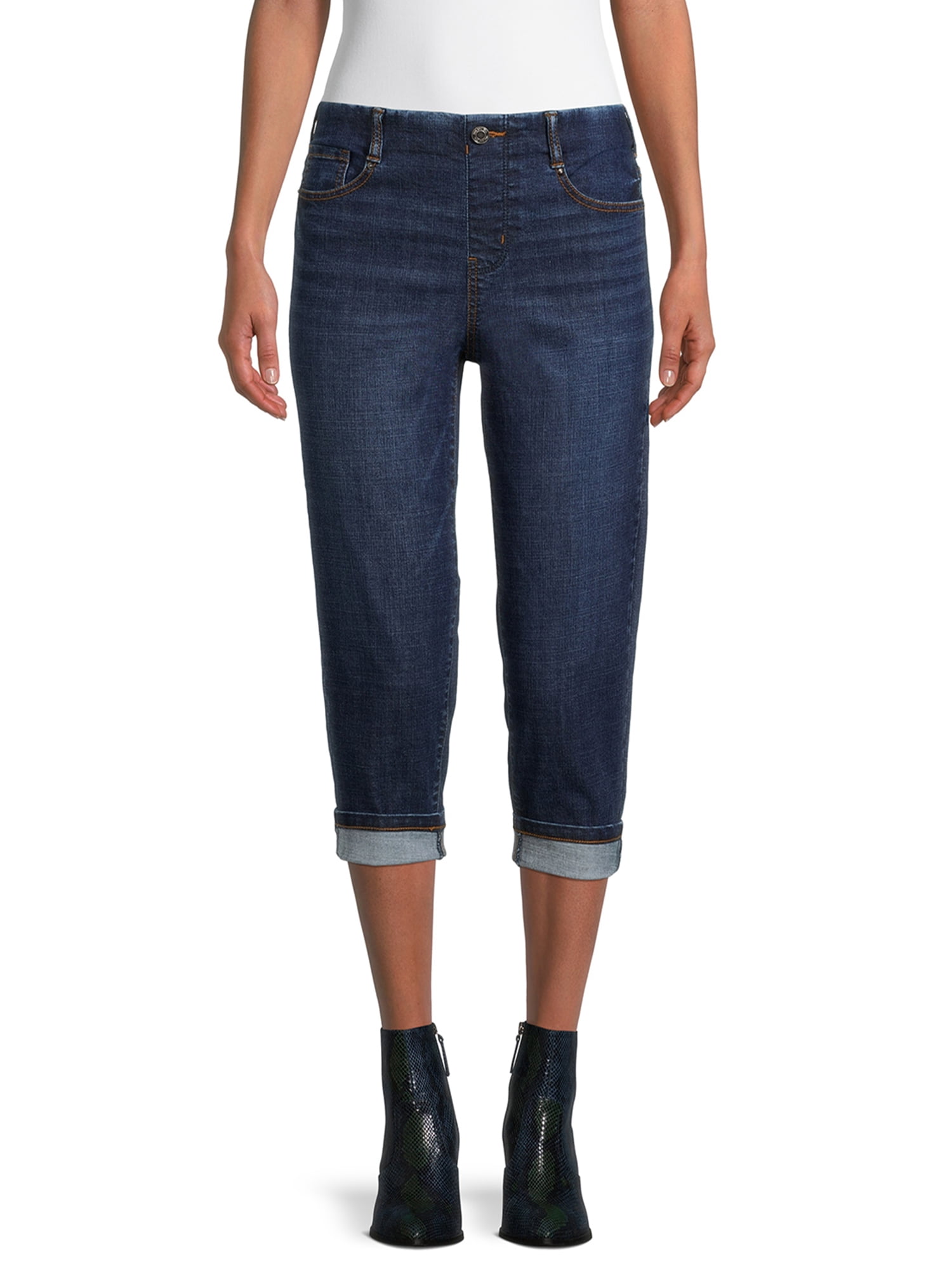 Time and Tru Women's Mid Rise Relaxed Fit Stretch Denim Capris with ...