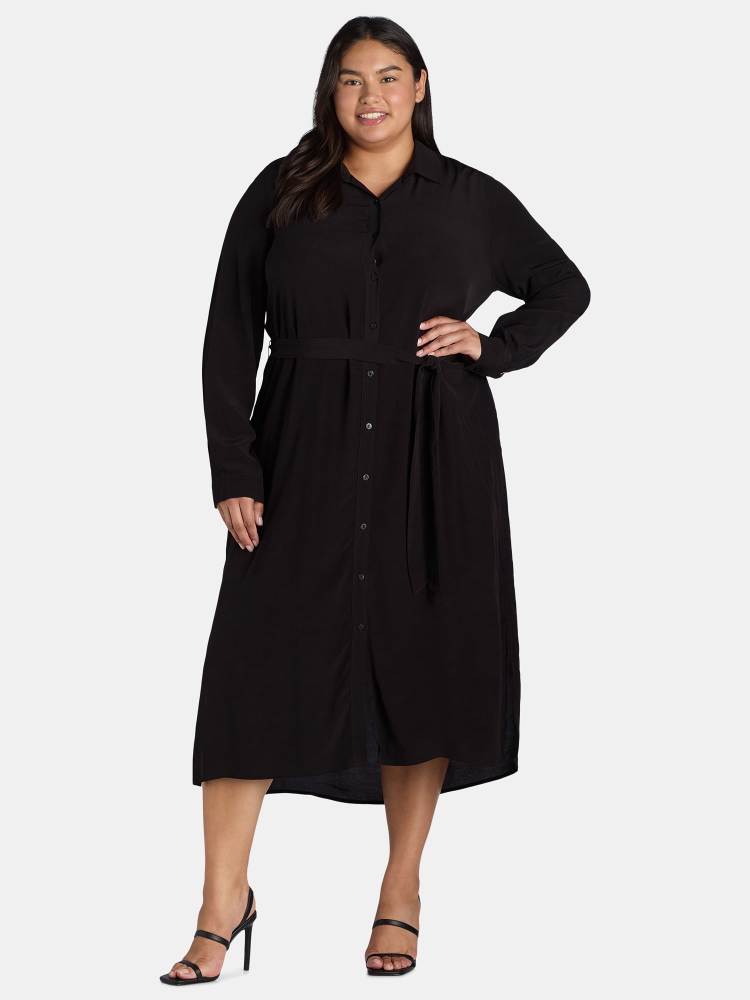Time and Tru Women's Plus Size Midi Shirt Dress with Side Slits, Sizes ...