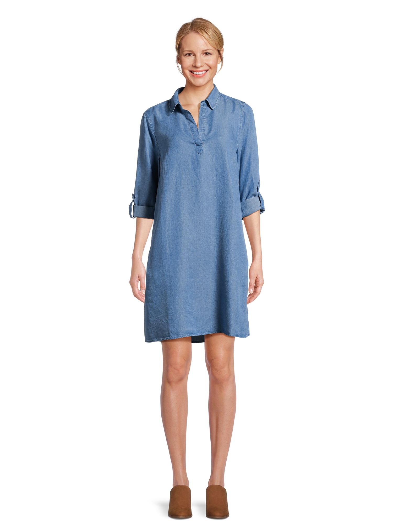 Time and Tru Women's Mini Shirt Dress with Sleeves, Sizes XS-3XL ...