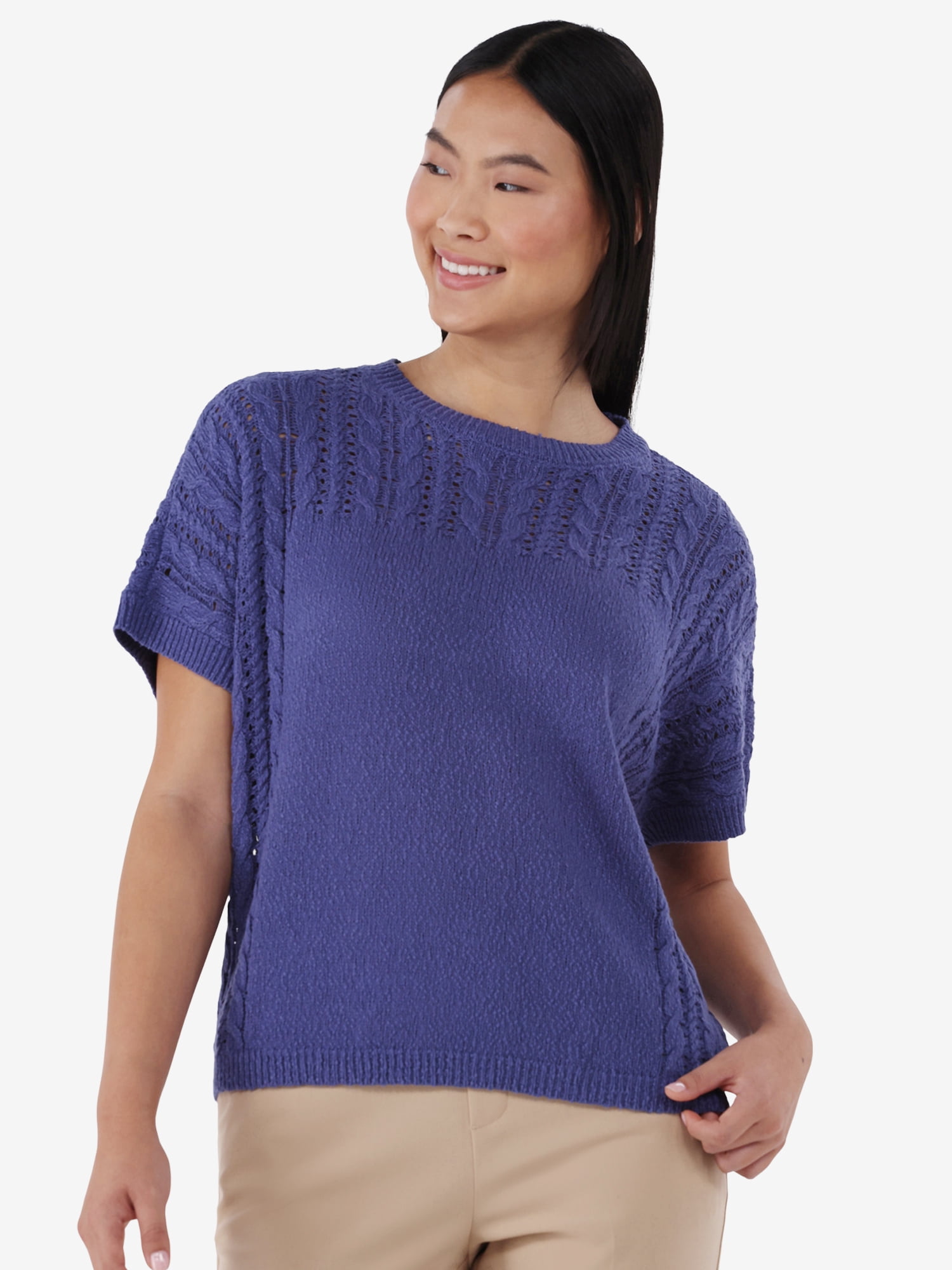 Time and Tru Women's Mixed Knit Sweater with Short Sleeves, Lightweight ...