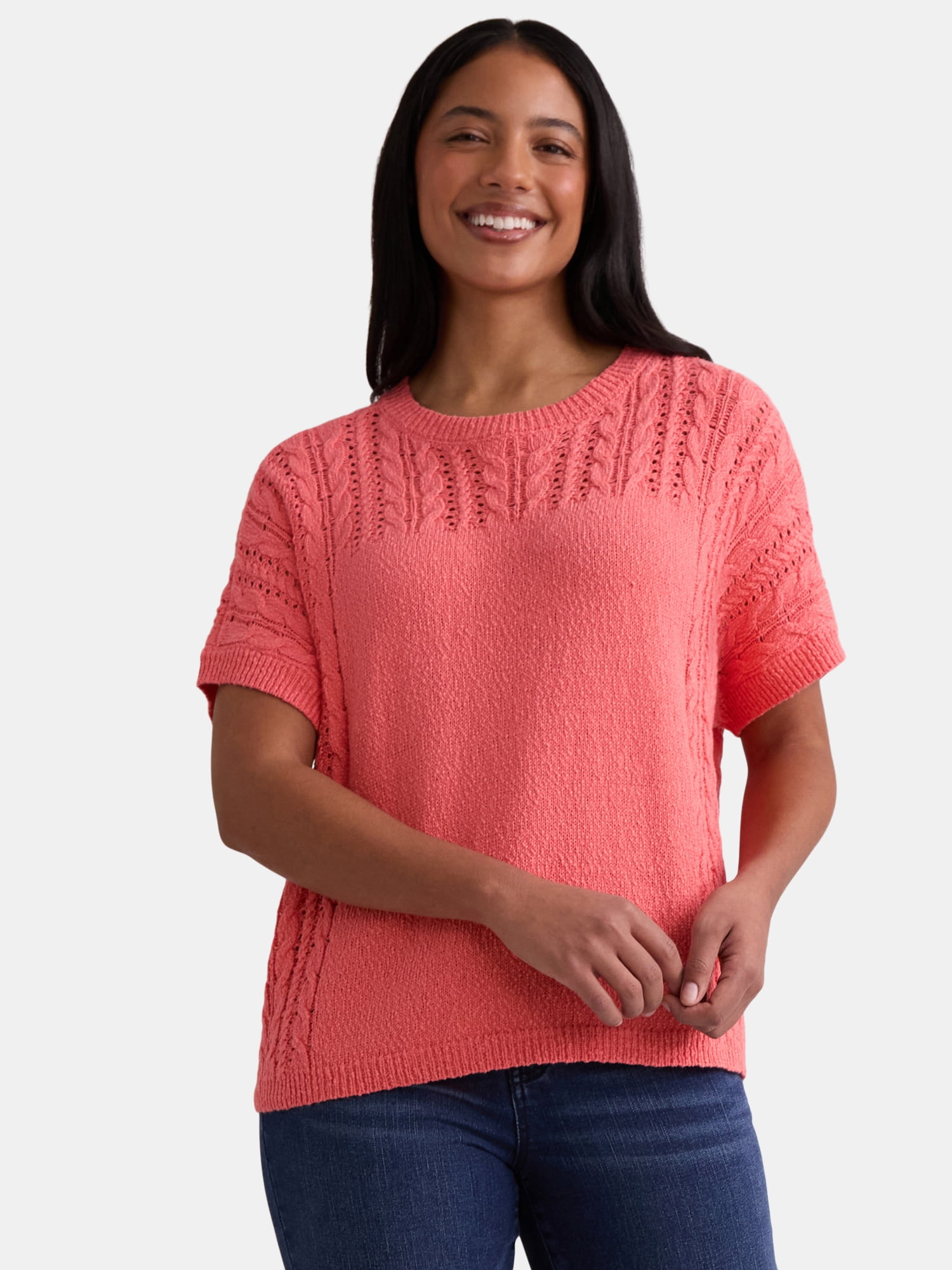 Time and Tru Women's Mixed Knit Sweater with Short Sleeves, Lightweight ...