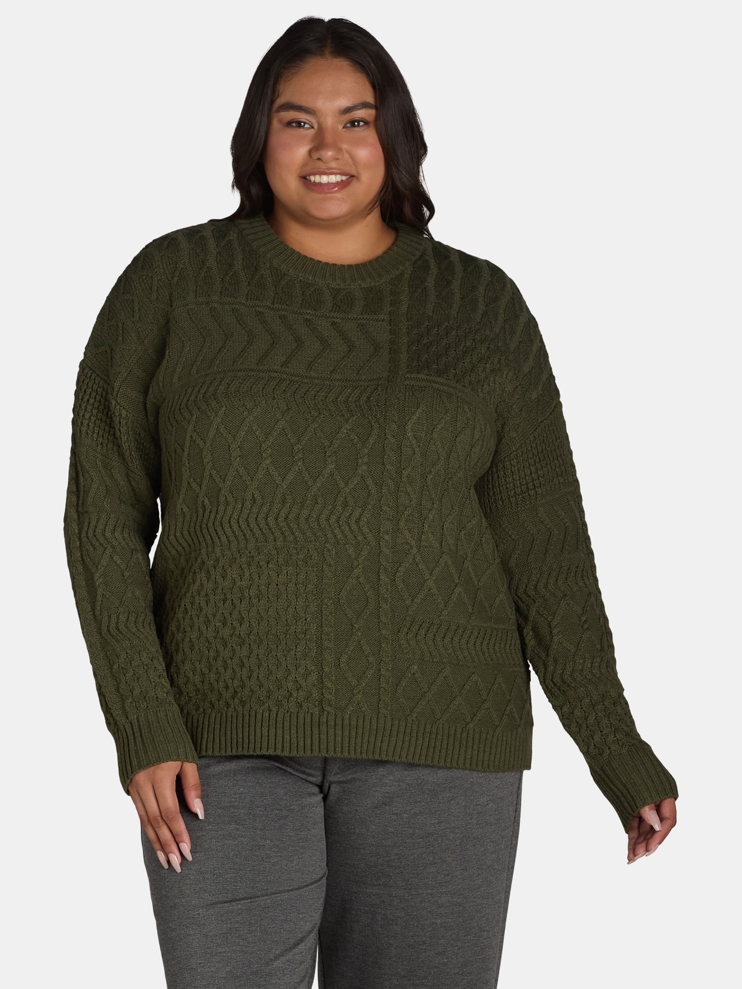 Time and Tru Women's and Women's Plus Mixed Stitch Sweater, Sizes XS-4X ...