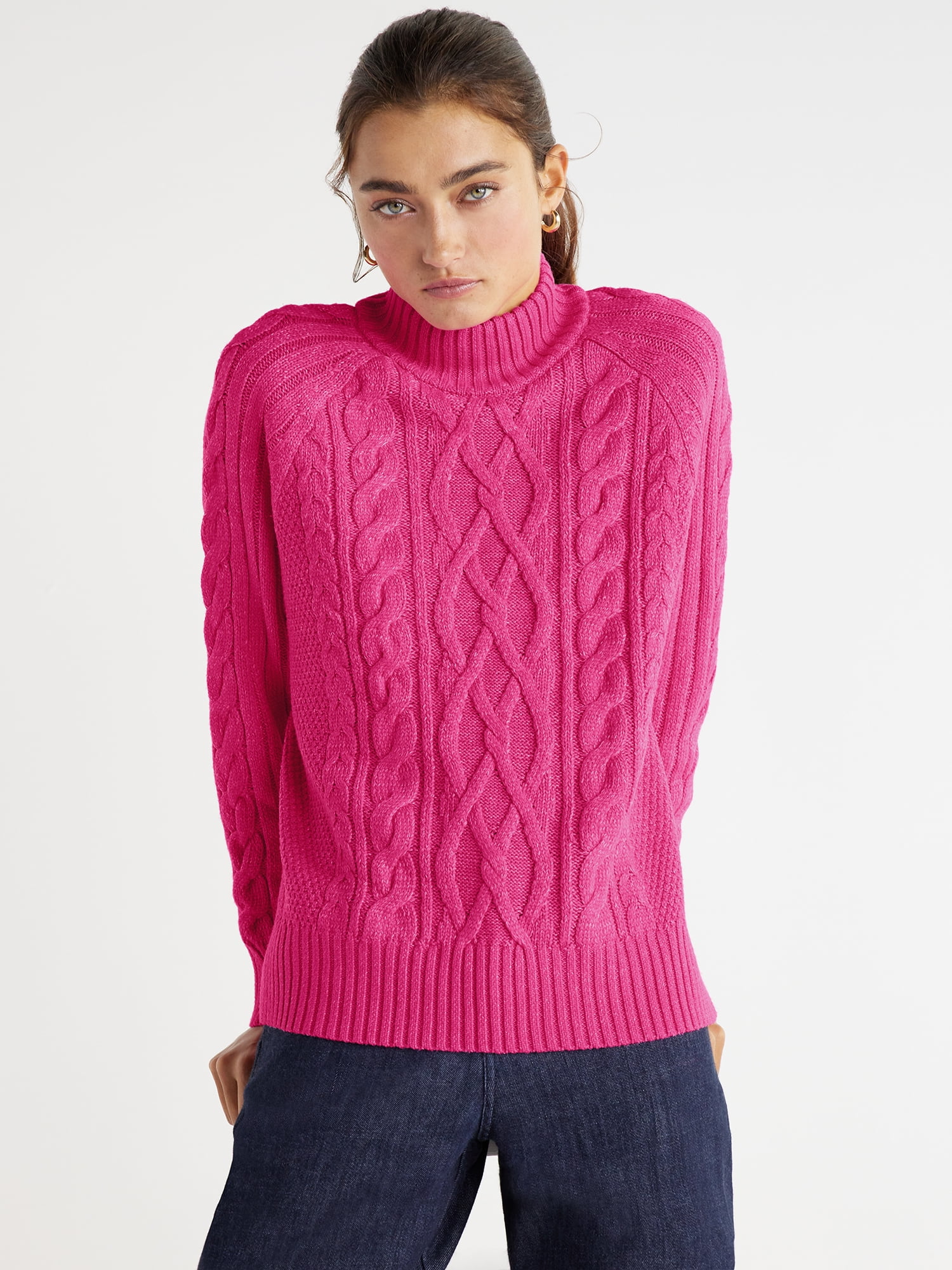 Time and Tru Women's Mock Neck Cable Pullover Sweater, Midweight, Sizes ...