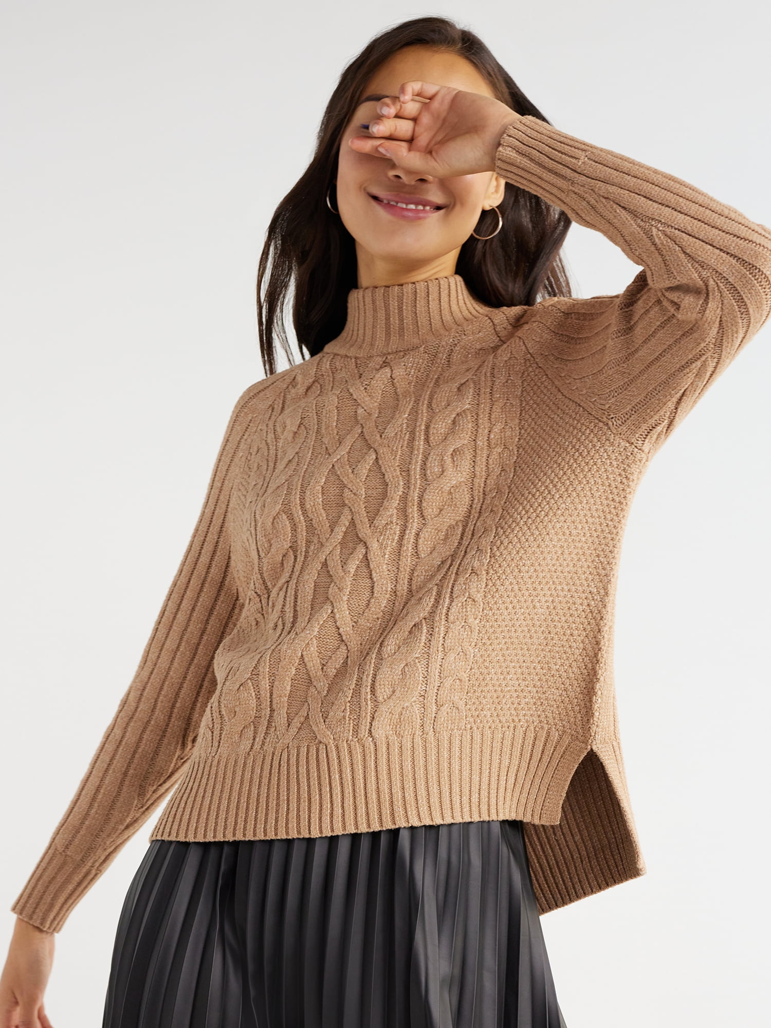 Time and Tru Women's Mock Neck Cable Pullover Sweater, Midweight, Sizes ...