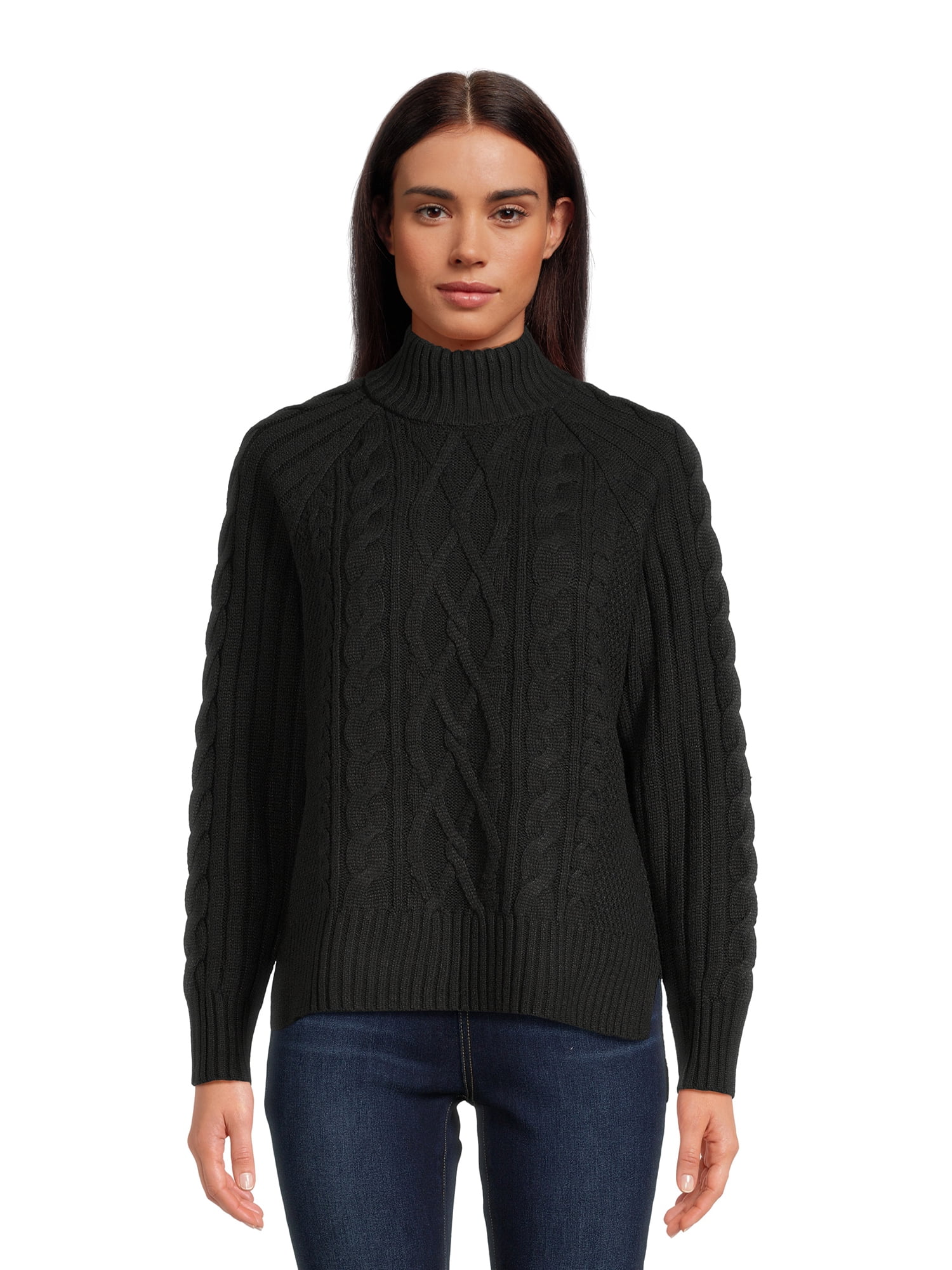Time and Tru Women's Mock Neck Cable Pullover Sweater, Midweight, Sizes ...