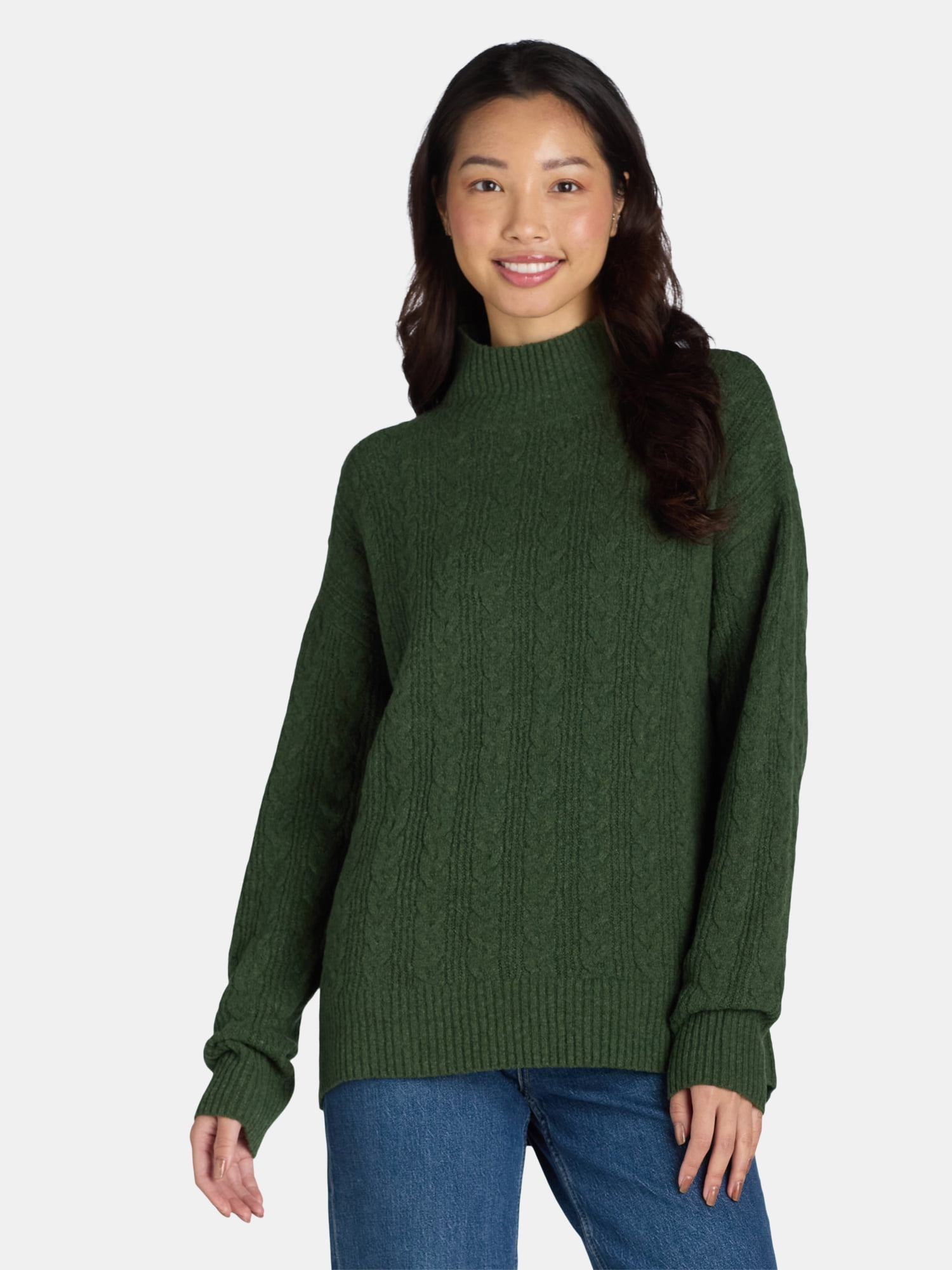 Time and Tru Women's and Women’s Plus Cable Knit Mock Neck Sweater ...
