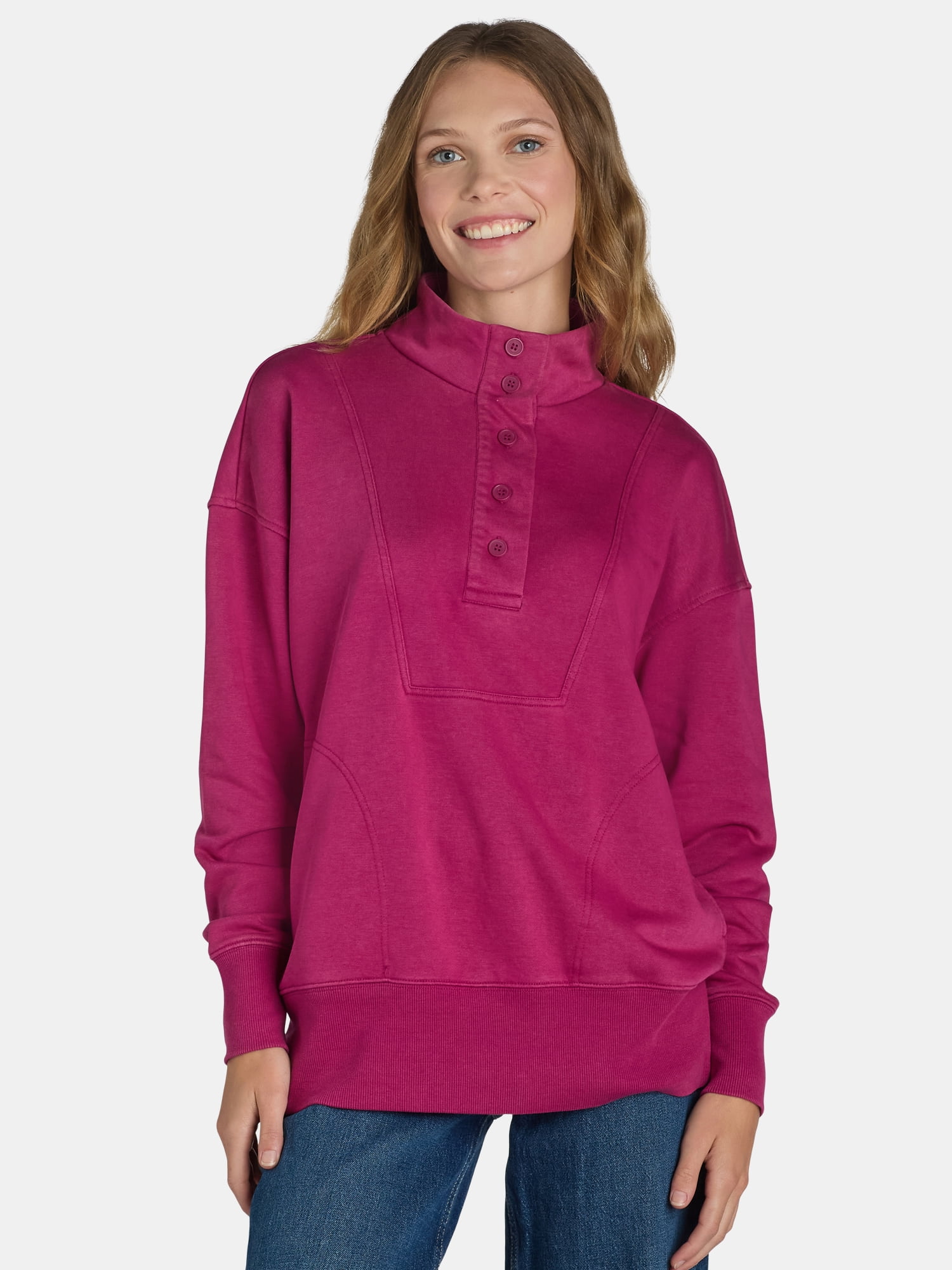 Time and Tru Women's Mock Neck Sweatshirt with Button Placket, Sizes XS ...
