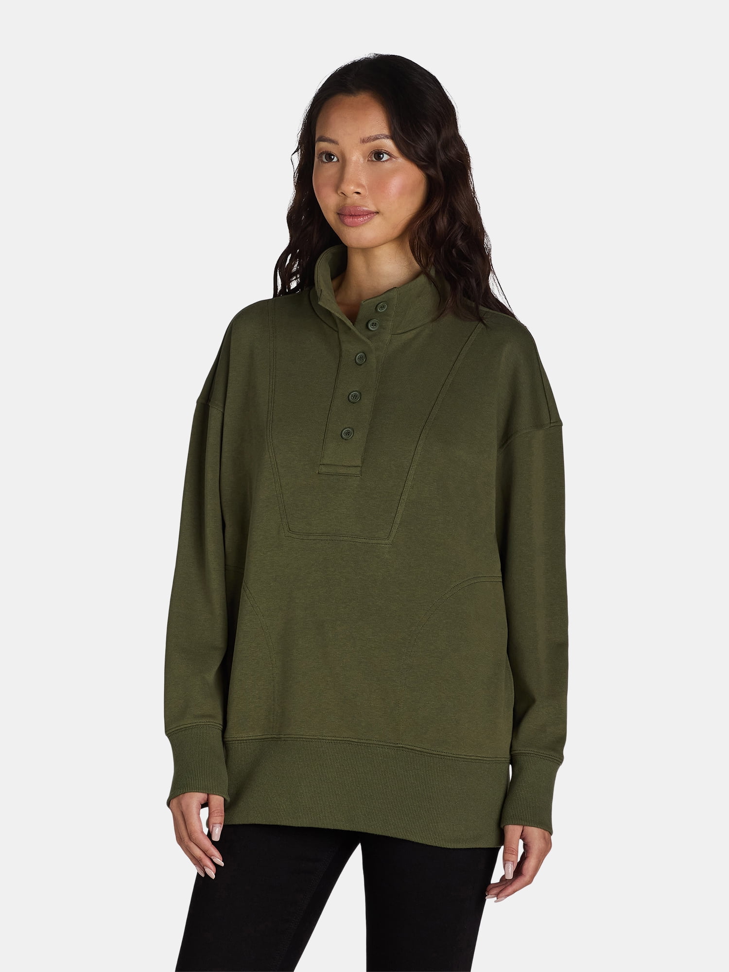 Time and Tru Women's Mock Neck Sweatshirt with Button Placket, Sizes XS ...