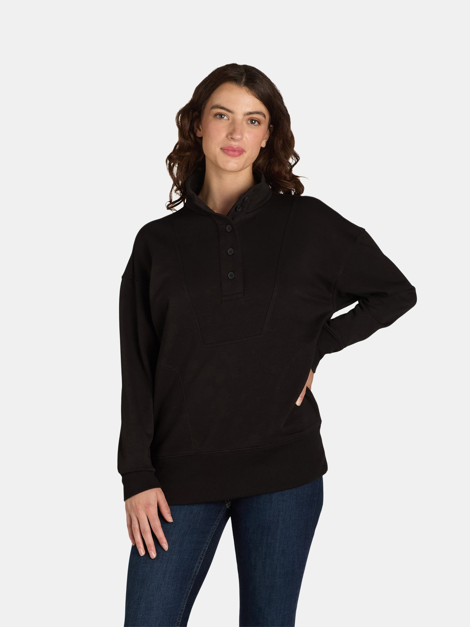 Time and Tru Women's Mock Neck Sweatshirt with Button Placket, Sizes XS ...