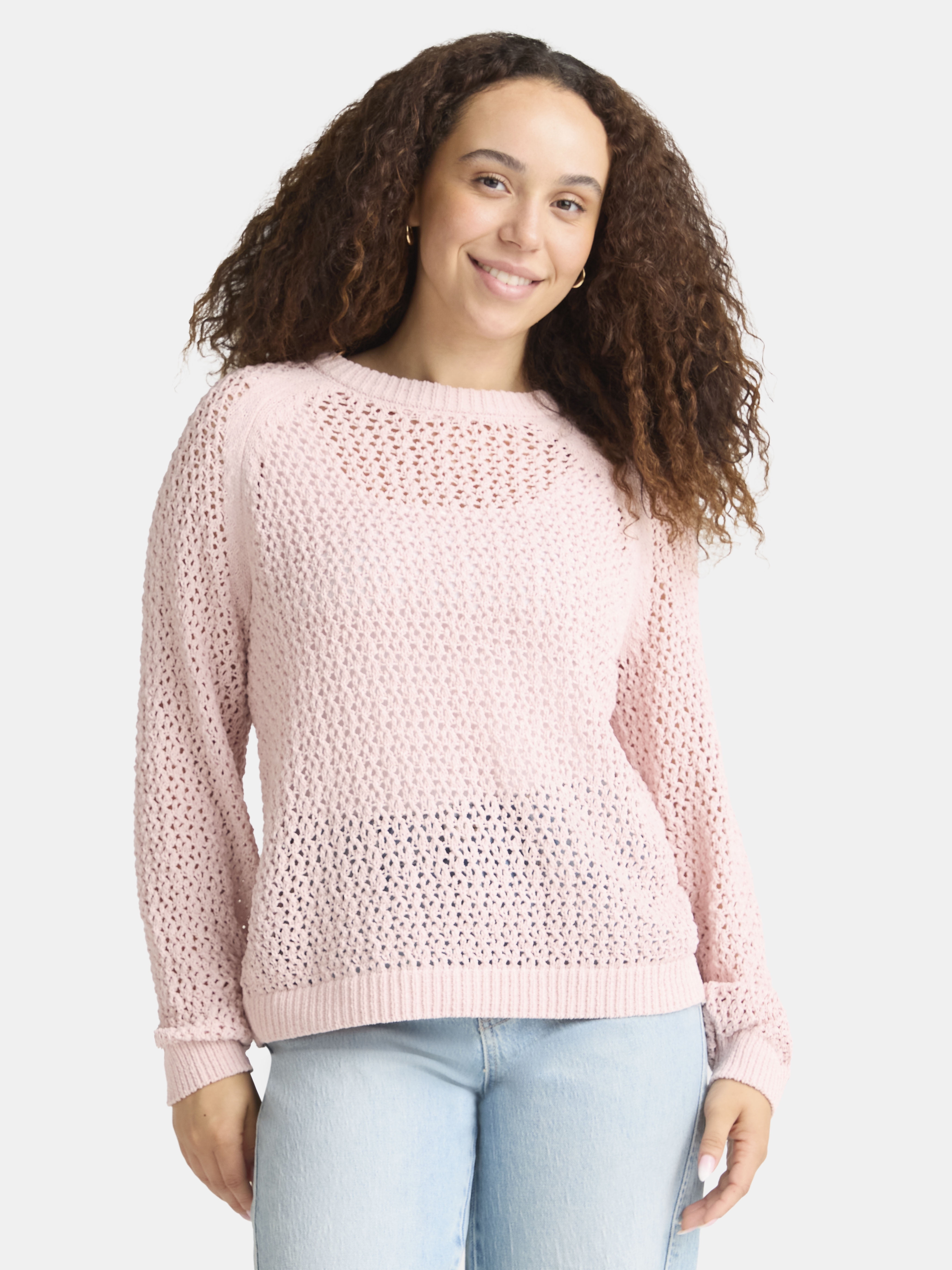 Time and Tru Women's Open Work Sweater with Long Sleeves, Lightweight ...