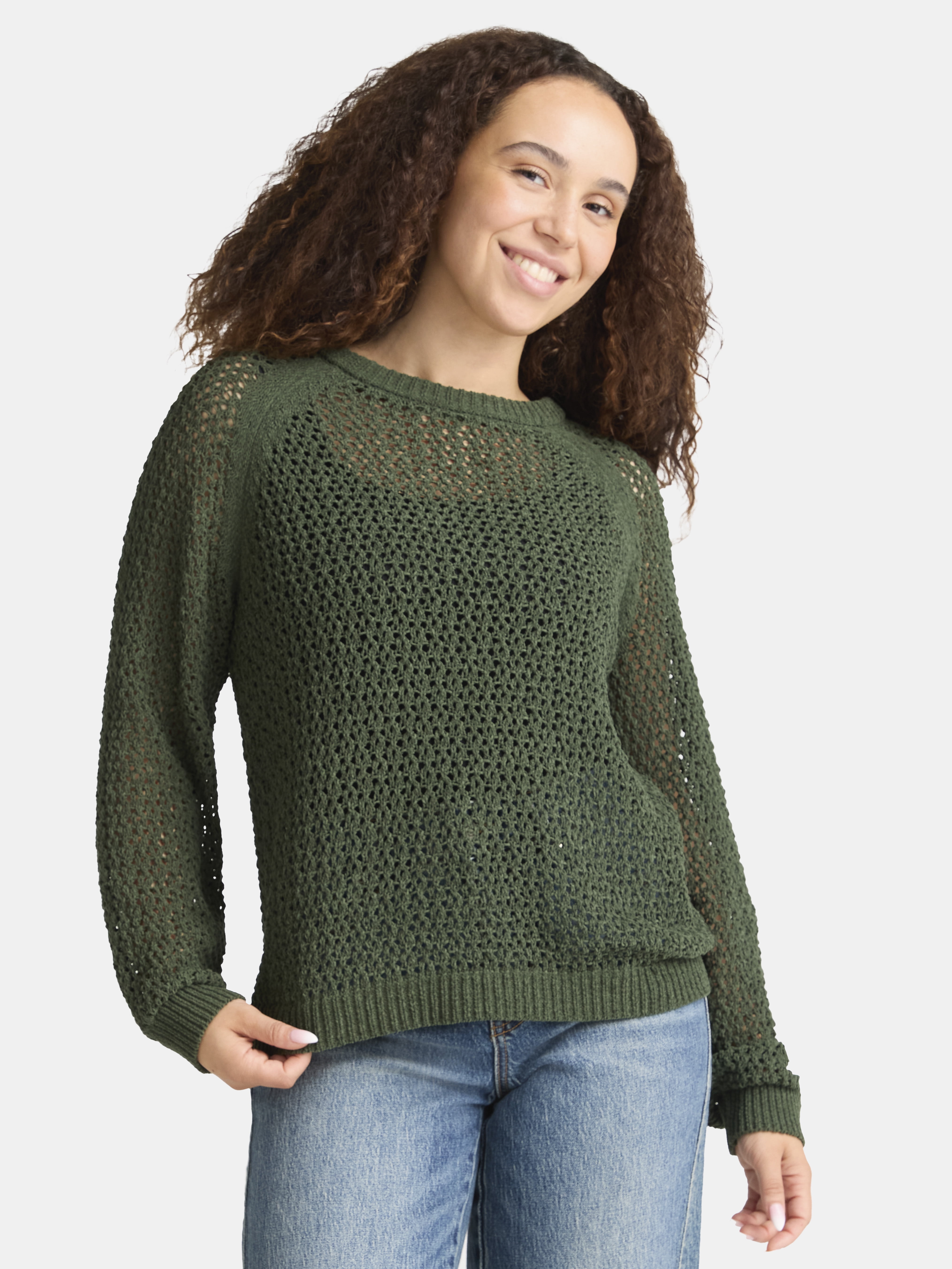 Time and Tru Women's Open Work Sweater with Long Sleeves, Lightweight ...