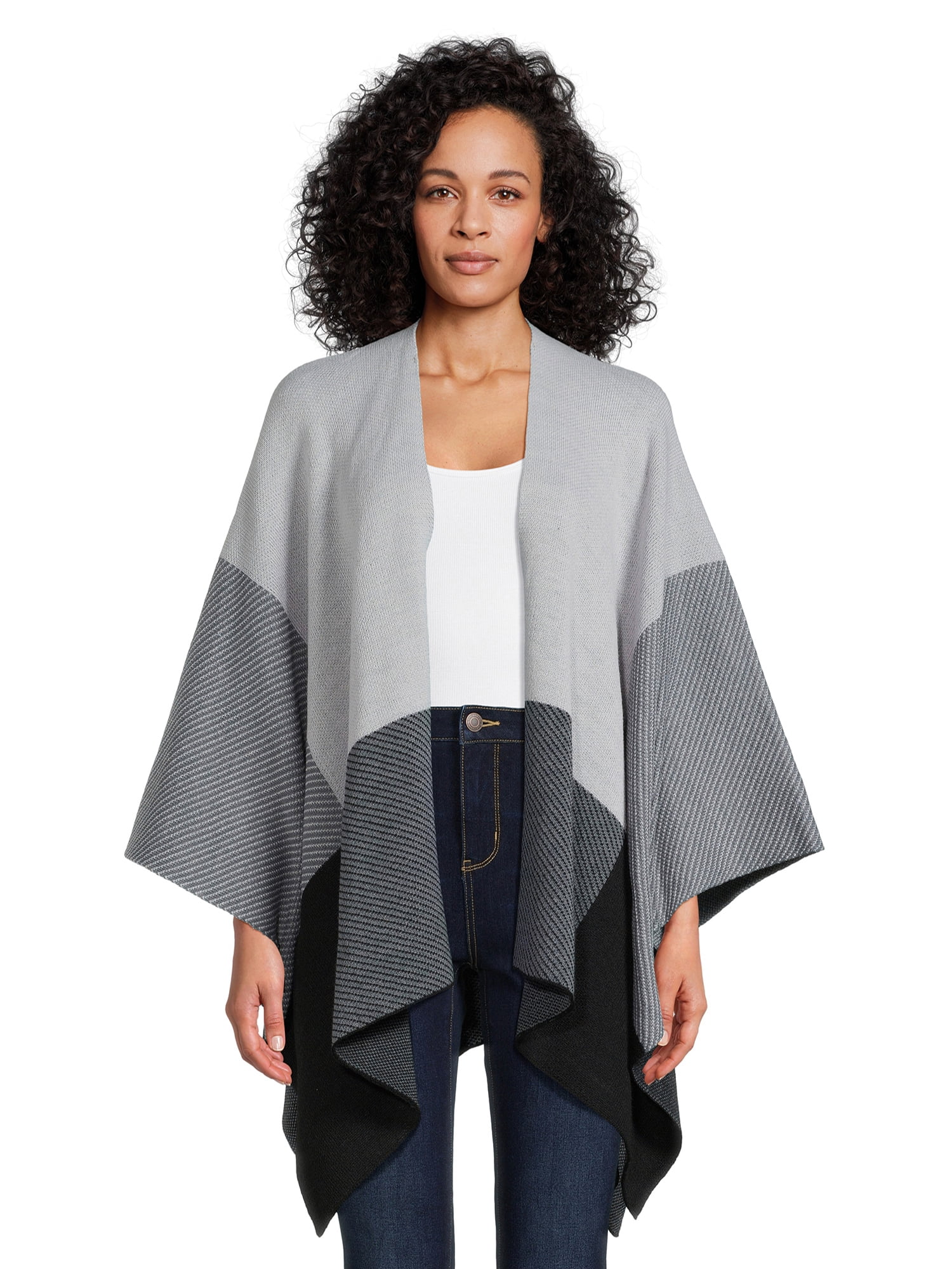 Time & Tru Women's Oversized Plaid Ruana Poncho, One Size, Soft Silver ...