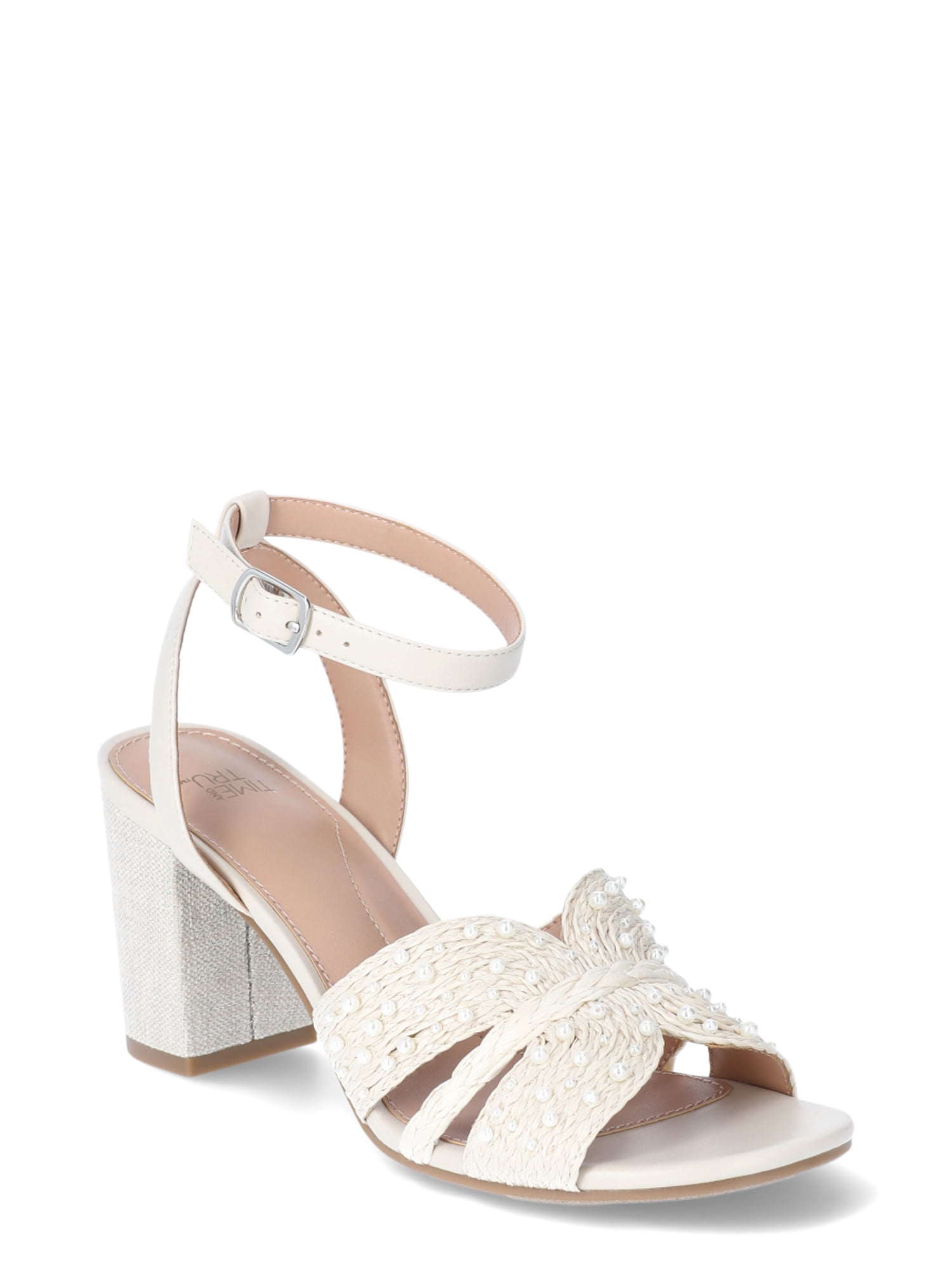 Time and Tru Women's Pearl Block Heel Sandal Raffia Upper Ankle Strap ...