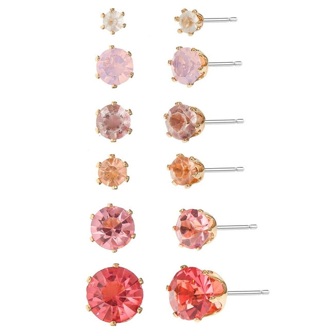 Time and Tru Women's Pink Crystal Stud Earring Collection, 6 Pairs ...