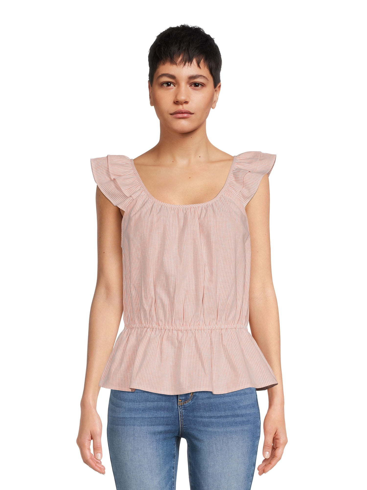 Time and Tru Women's Pinstripe Ruffle Top - Walmart.com