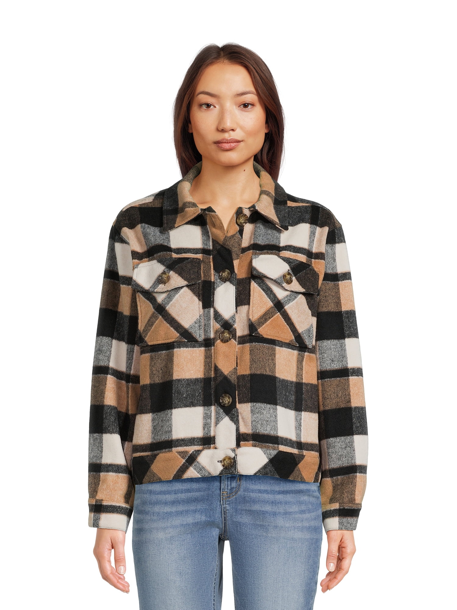 Time and Tru Women’s Plaid Button Down Cropped Shacket, Sizes XS-XXXL ...