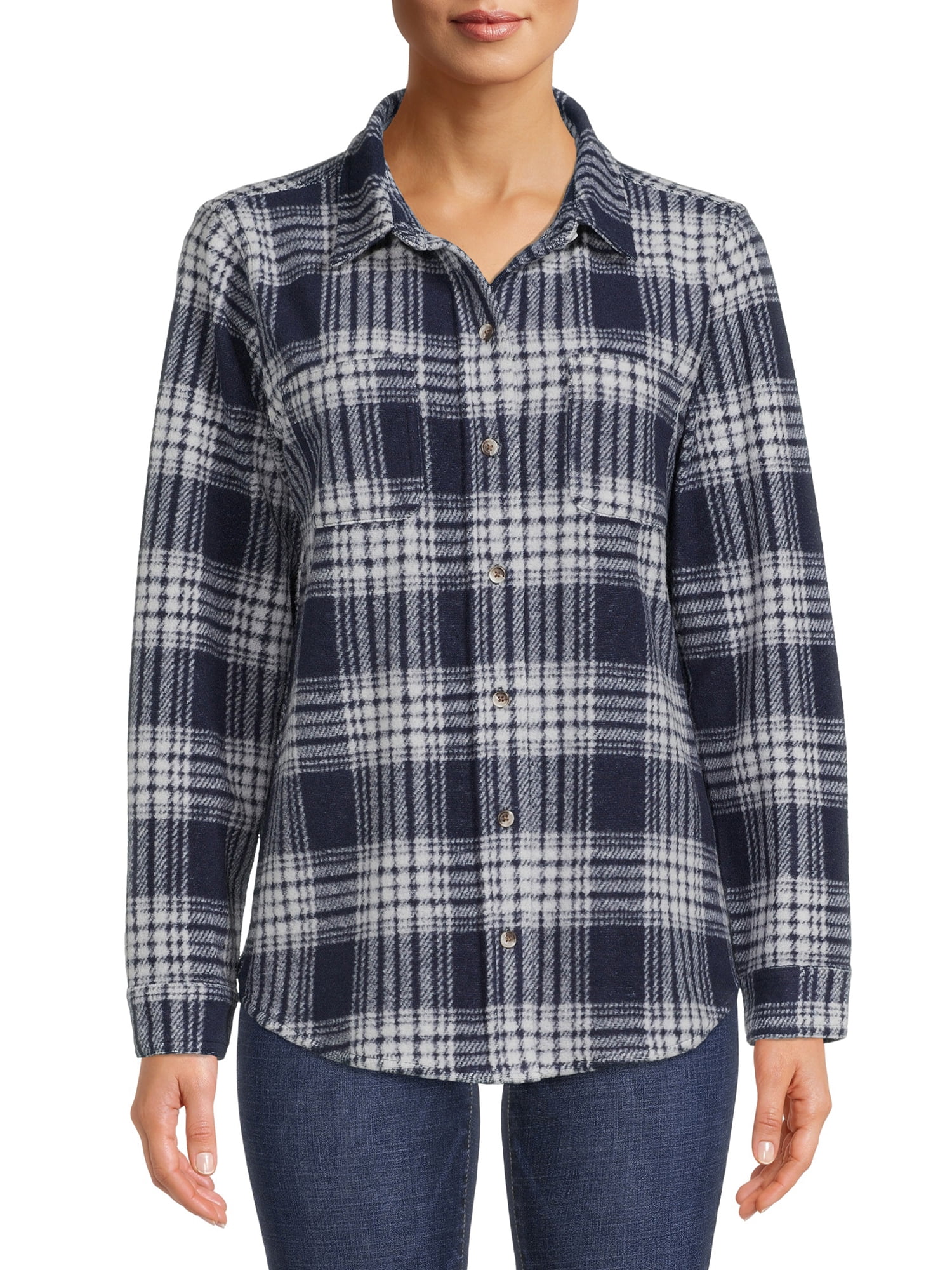 Time and Tru Women's Plaid Button Down Shirt - Walmart.com