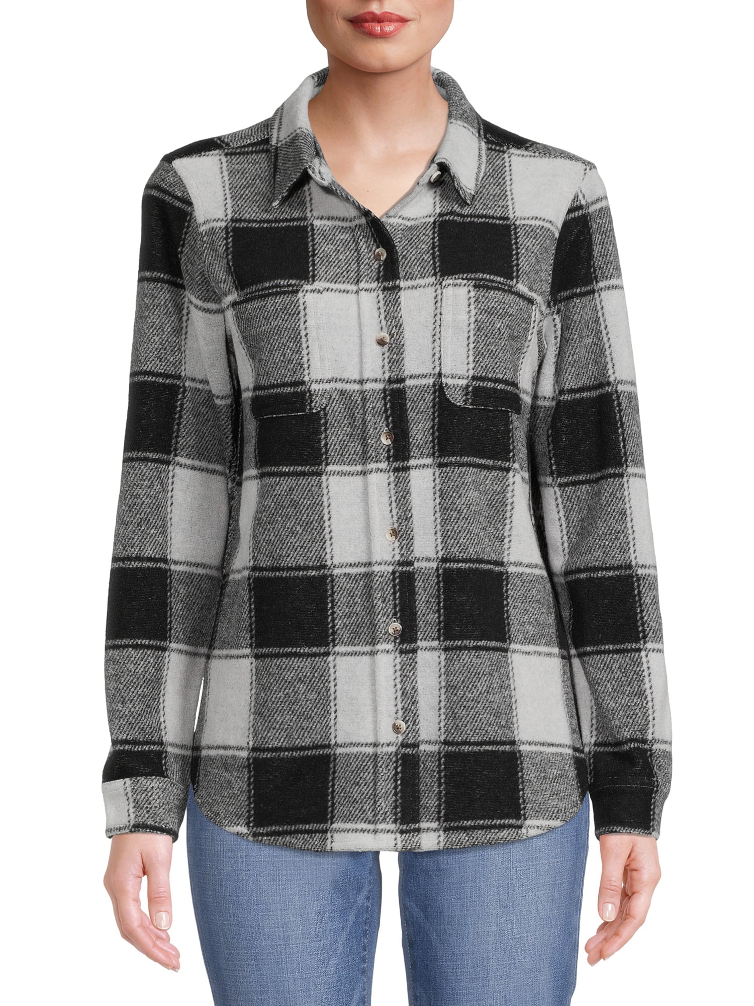 Time and Tru Women's Plaid Button Down Shirt - Walmart.com