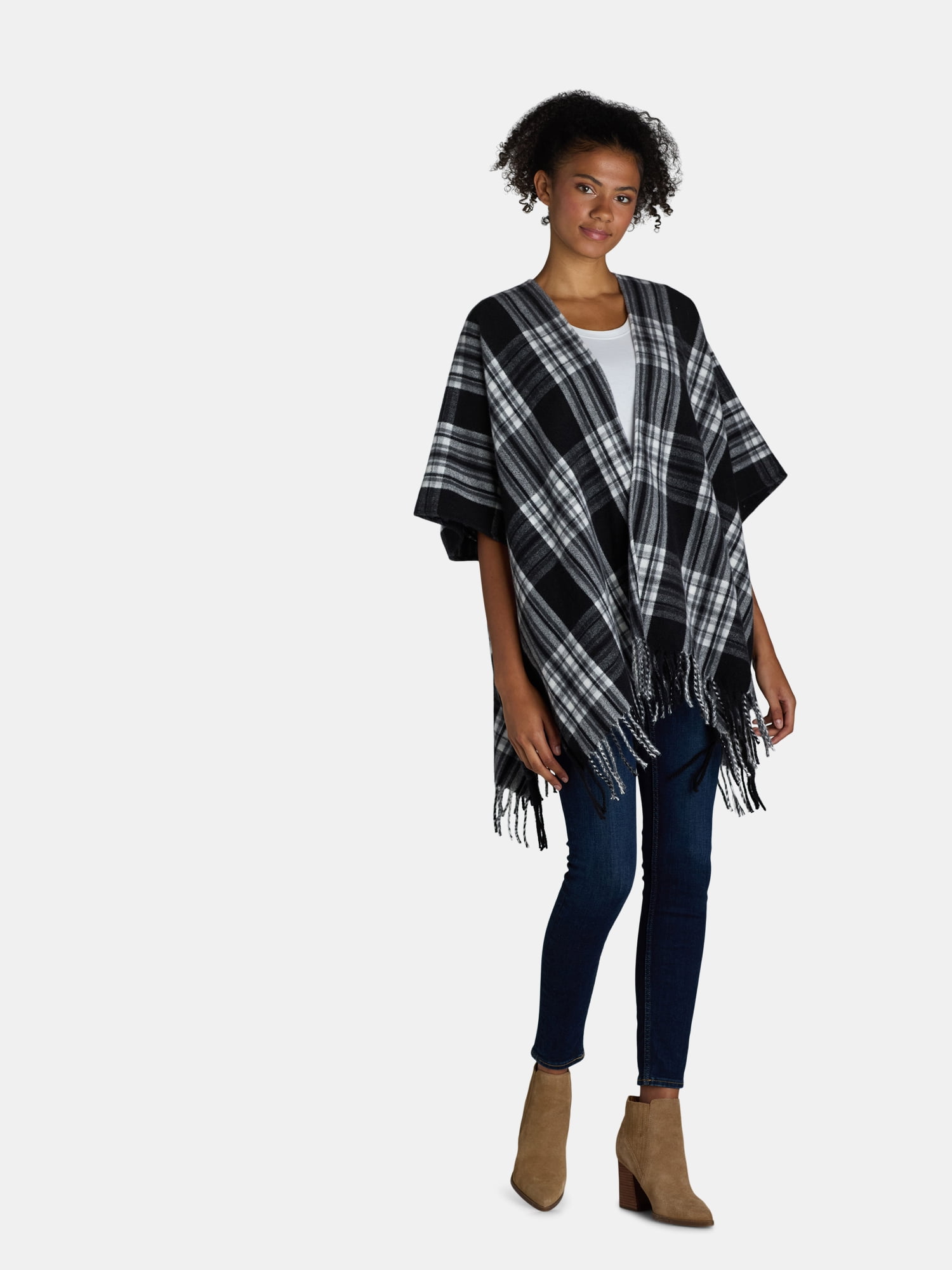 Time & Tru Women's Plaid Ruana, One Size, Black, Soft Fringe Wrap ...