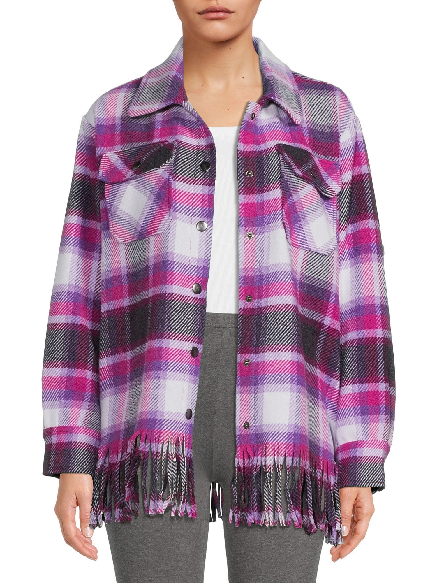 Time and Tru Women's Plaid Fringe Shacket with Snap Front - Walmart.com