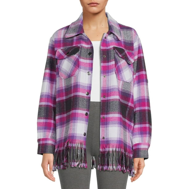 Time and Tru Women's Plaid Fringe Shacket with Snap Front - Walmart ...