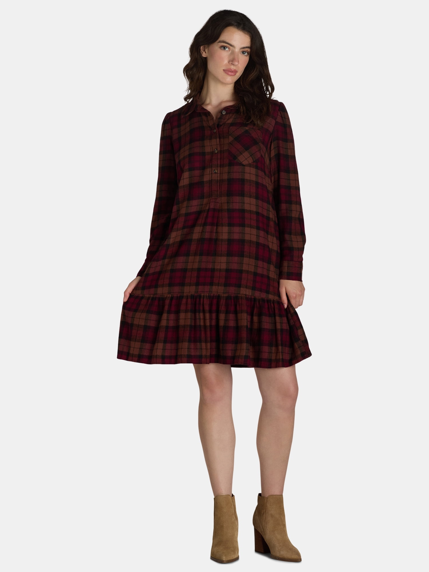 Time and Tru Women's Plaid Mini Dress with Long-Sleeves, Sizes XS-XXXL ...