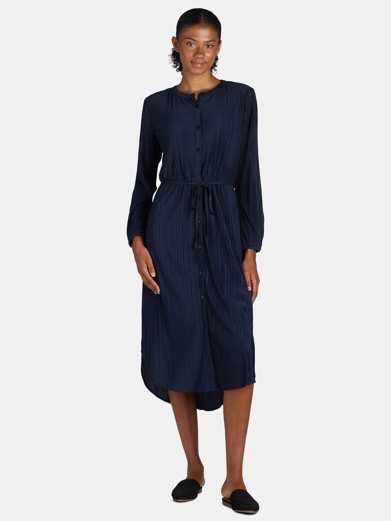 Time and Tru Women's Plisse Dress with Long Sleeves, Sizes XS-XXXL ...