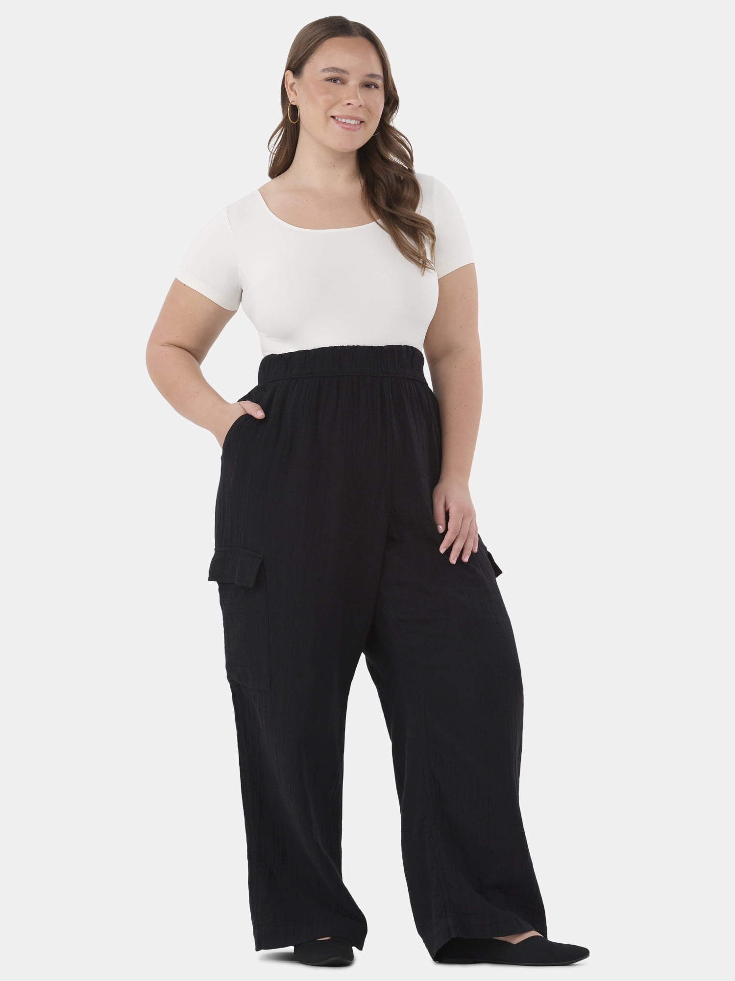 Time and Tru Women's Plus Cotton Double Cloth Cargo Pants, Sizes 1X-4X ...