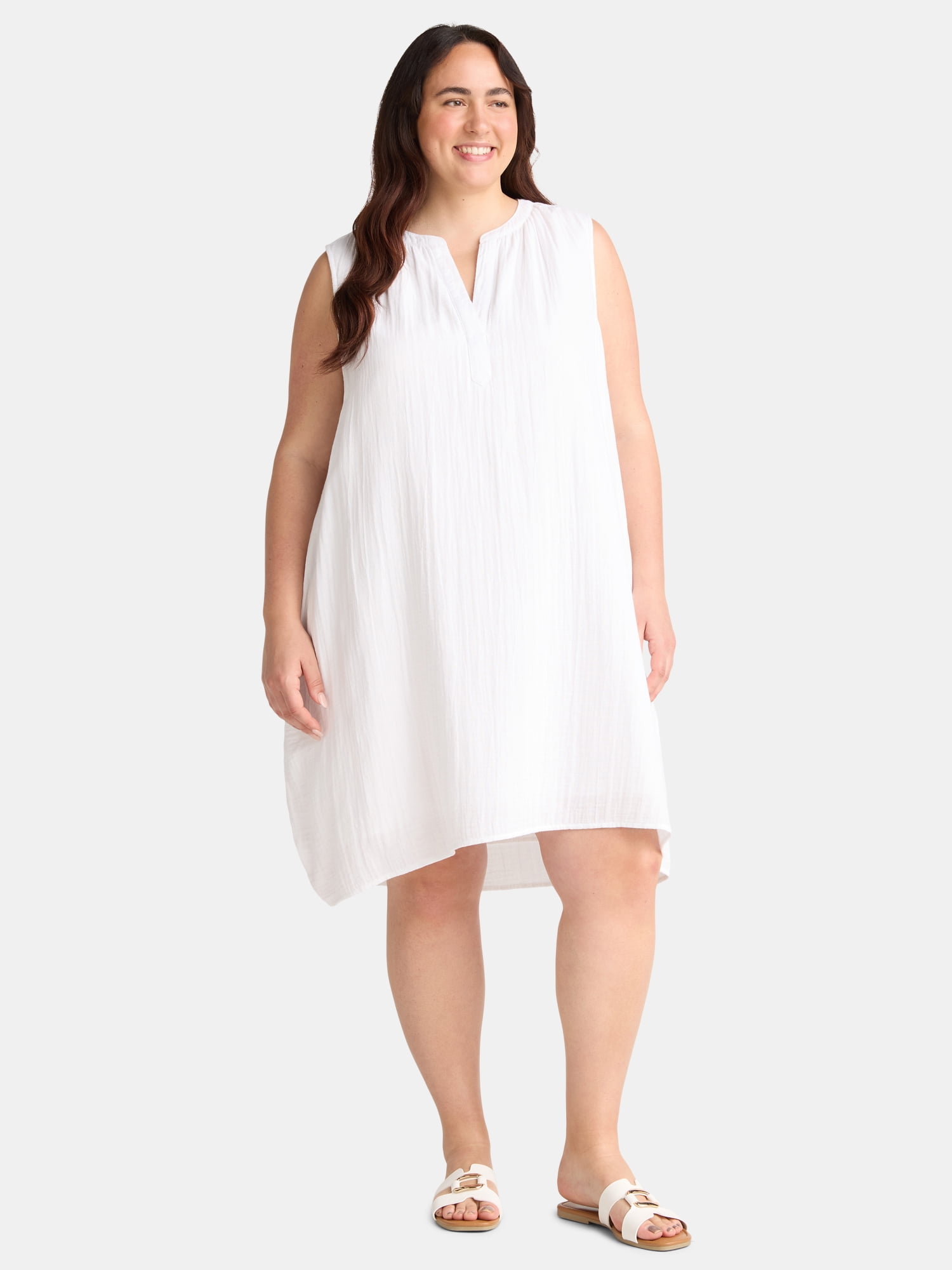 Time and Tru Women's Plus Cotton Double Cloth Shift Dress, Sizes 1X-4X ...