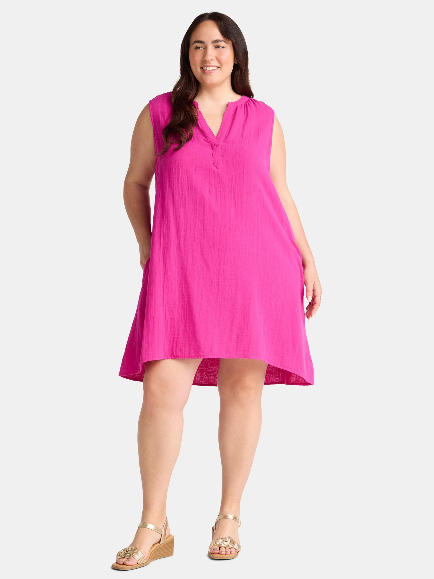 Time and Tru Women's Plus Cotton Double Cloth Shift Dress, Sizes 1X-4X ...