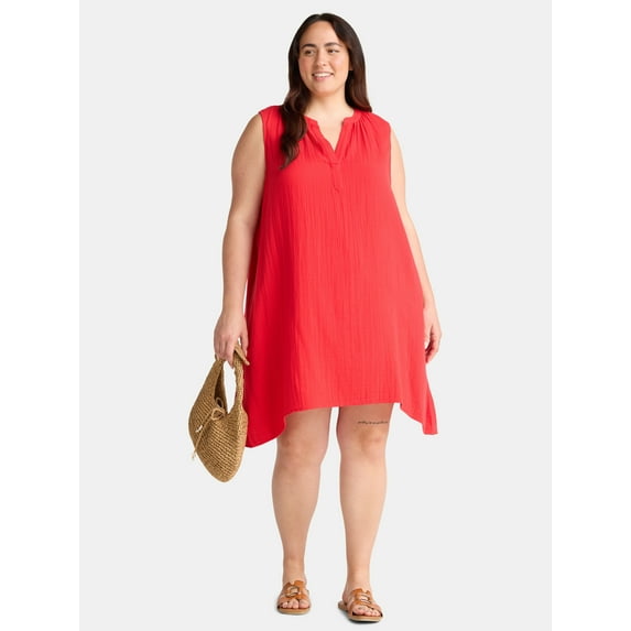 Time and Tru Women's Plus Cotton Double Cloth Shift Dress, Sizes 1X-4X ...