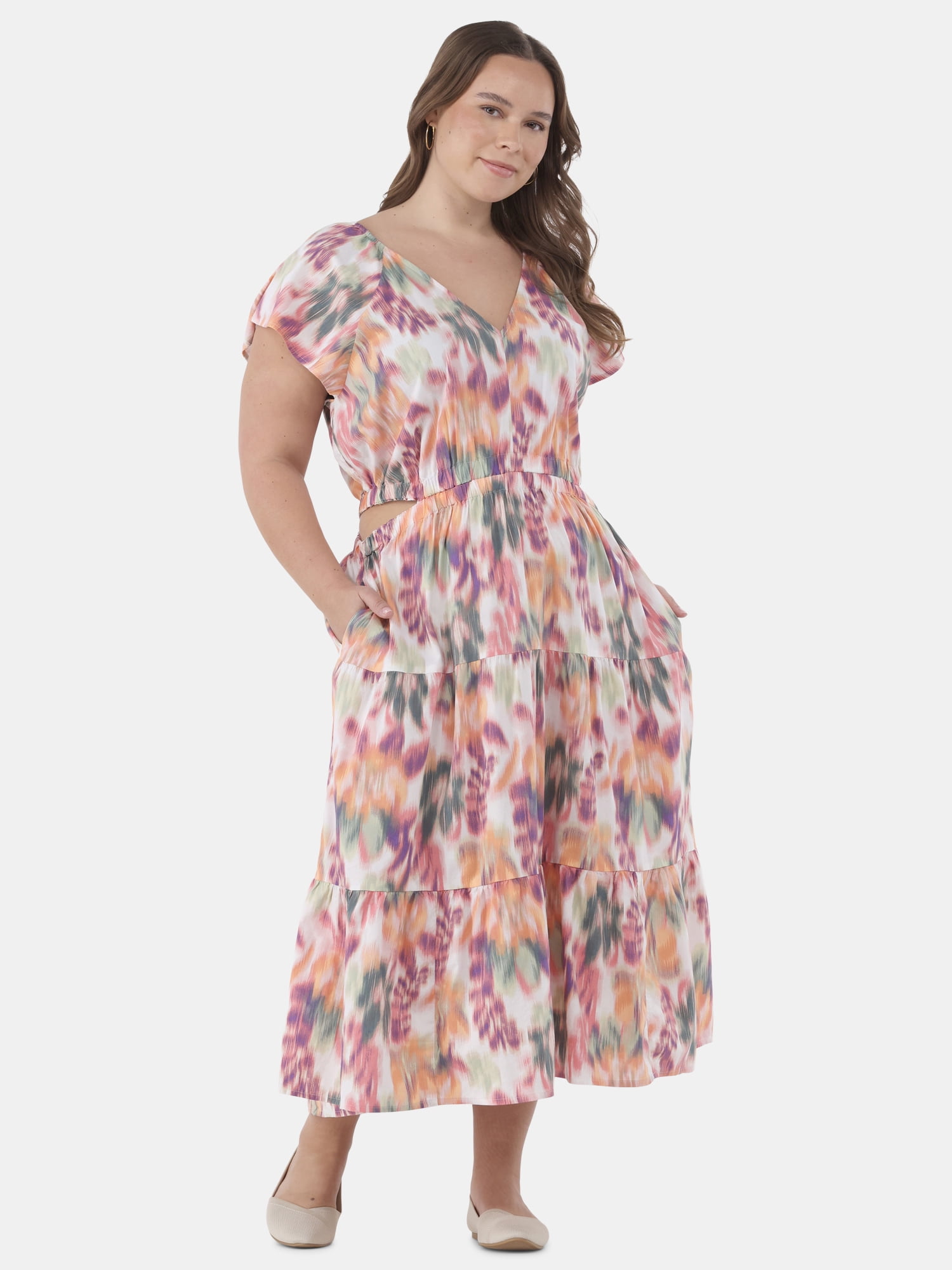 Time and Tru Cut Out Tiered Midi Dress - V-Neck Waist - Walmart.com