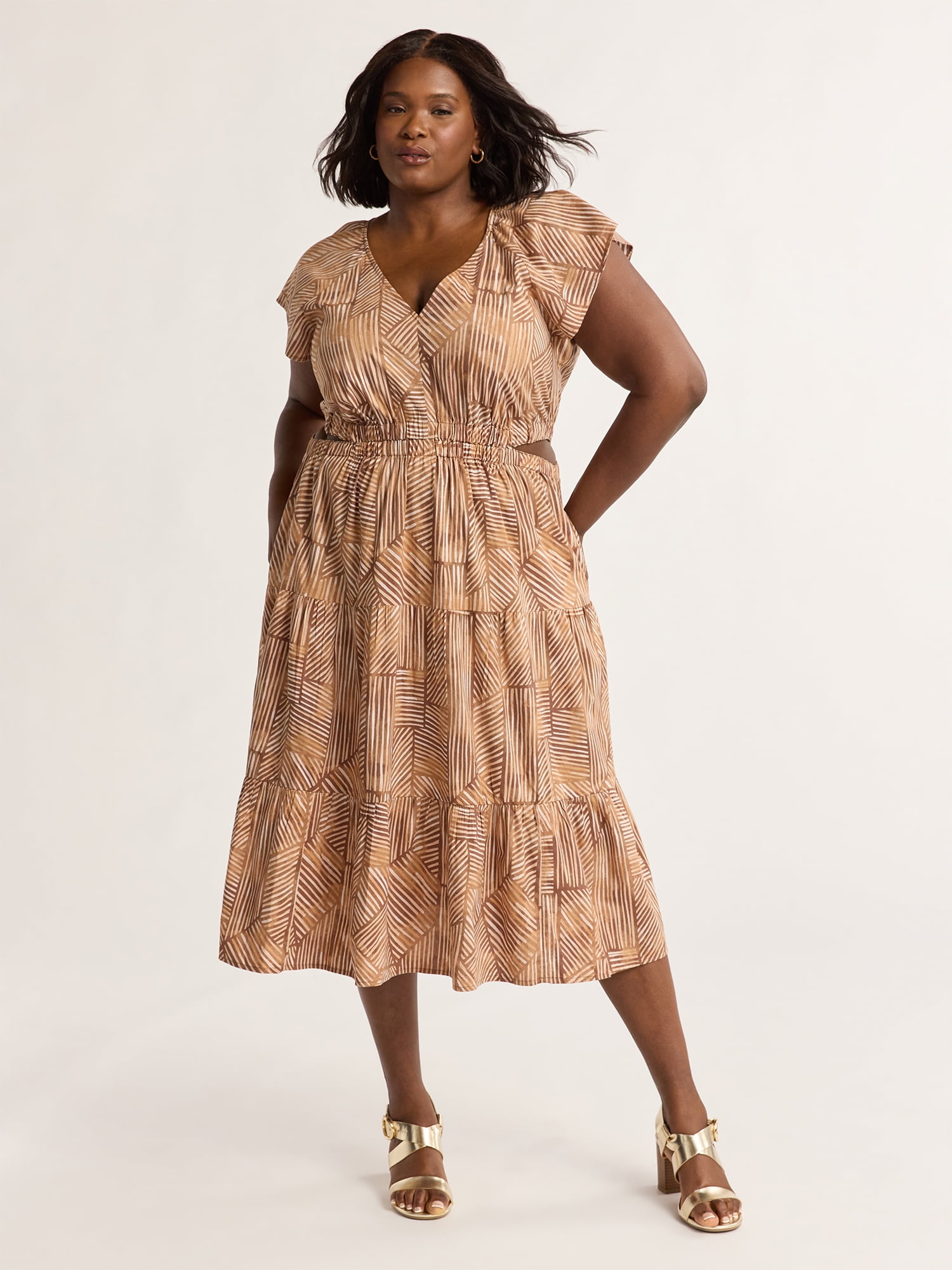 Time and Tru Women’s Plus Cut Out Tiered Midi Dress, Sizes 1X-4X ...