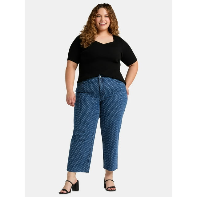 Time and Tru Women's and Women's Plus High-Rise Straight Crop Tweed ...