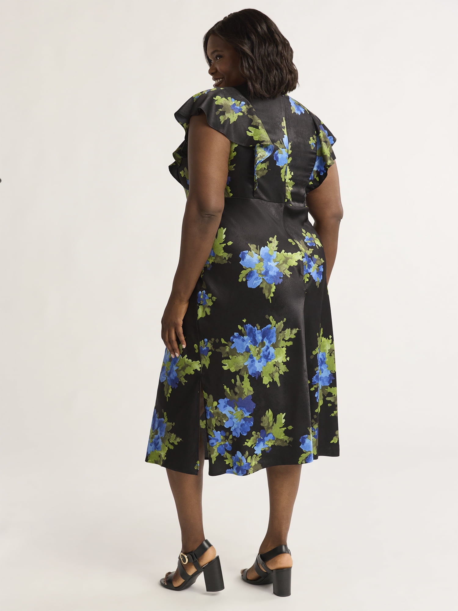 Time and Tru Women's Plus Silky Satin Midi Dress with Flutter Sleeves ...