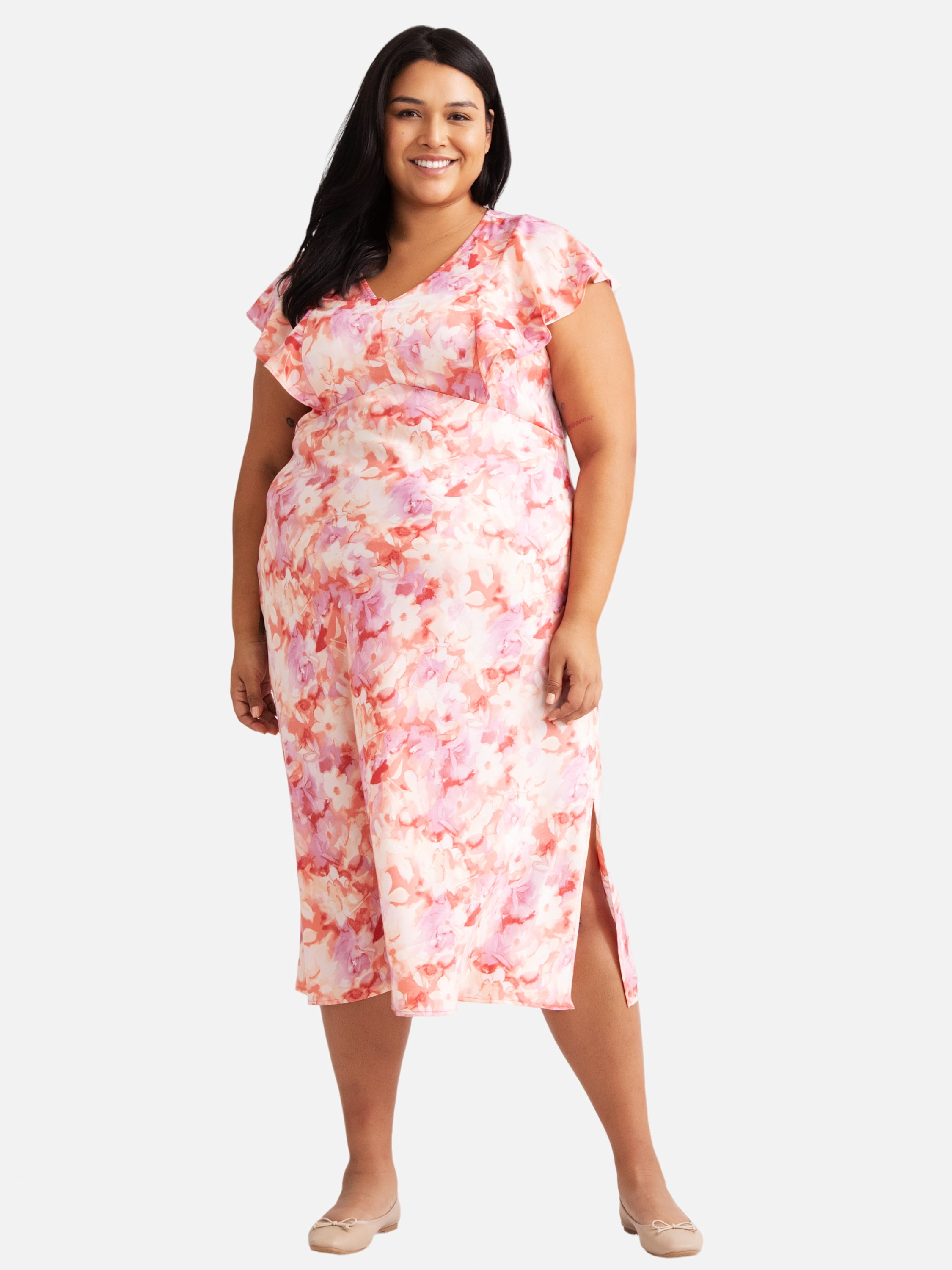 Time and Tru Women's Plus Silky Satin Midi Dress with Flutter Sleeves ...