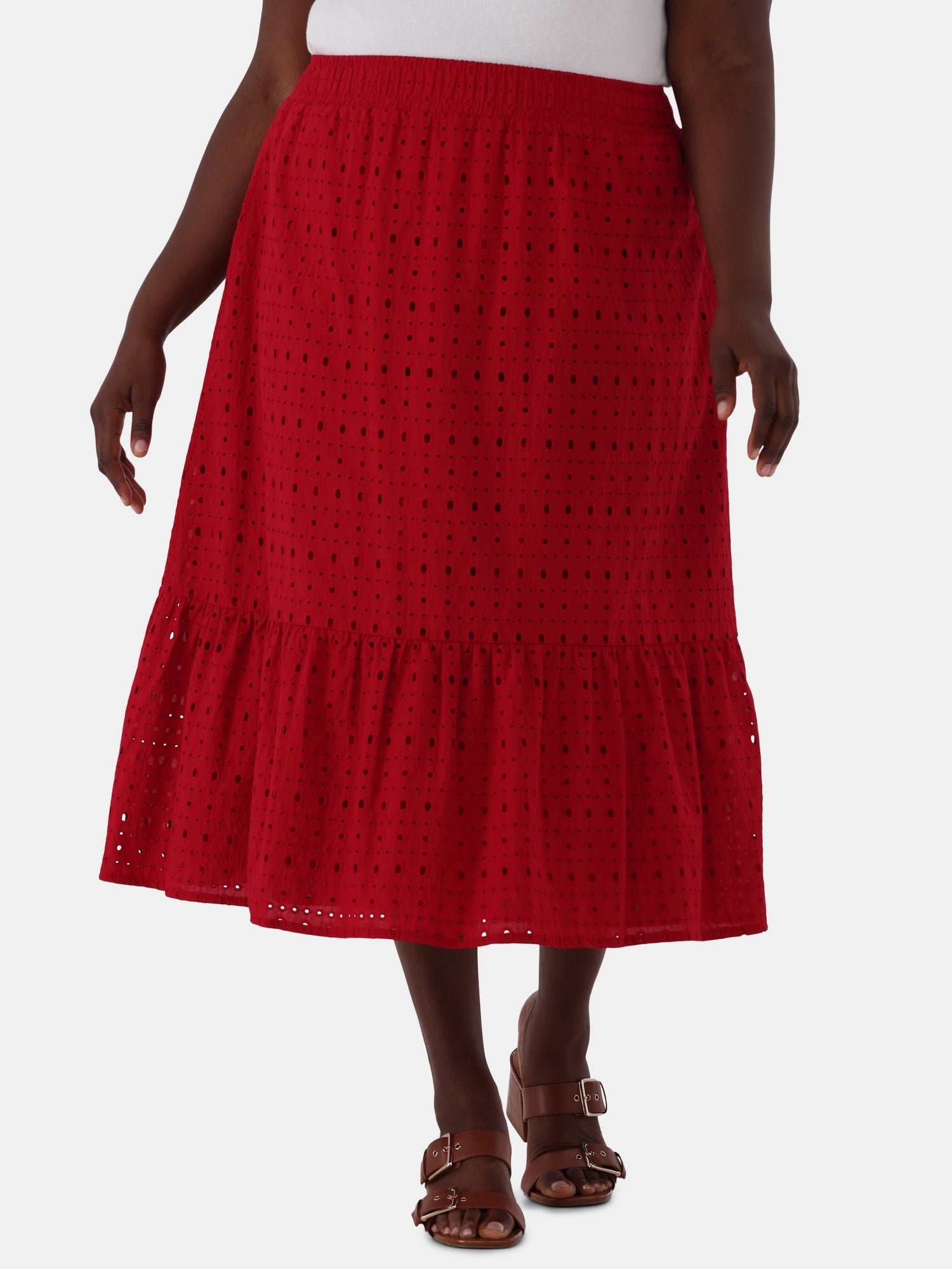 Time & Tru Plus Size Cotton Eyelet Tiered Midi Skirt with Pockets ...