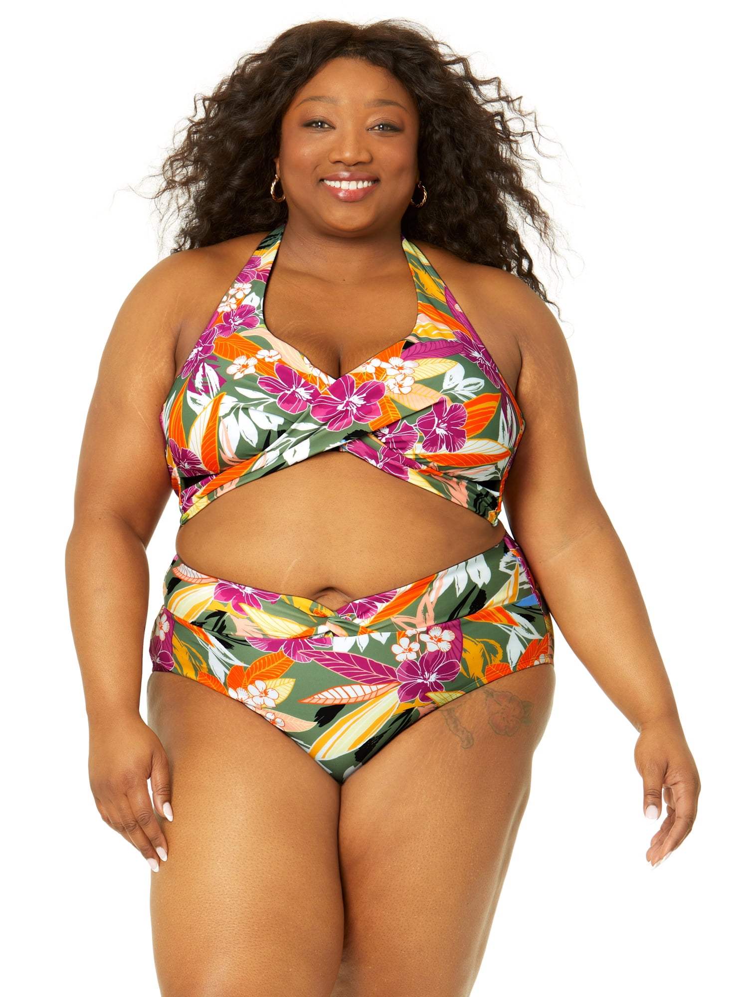 Time And Tru Womens Plus Size Floral High Waist Twist Swim Bottoms