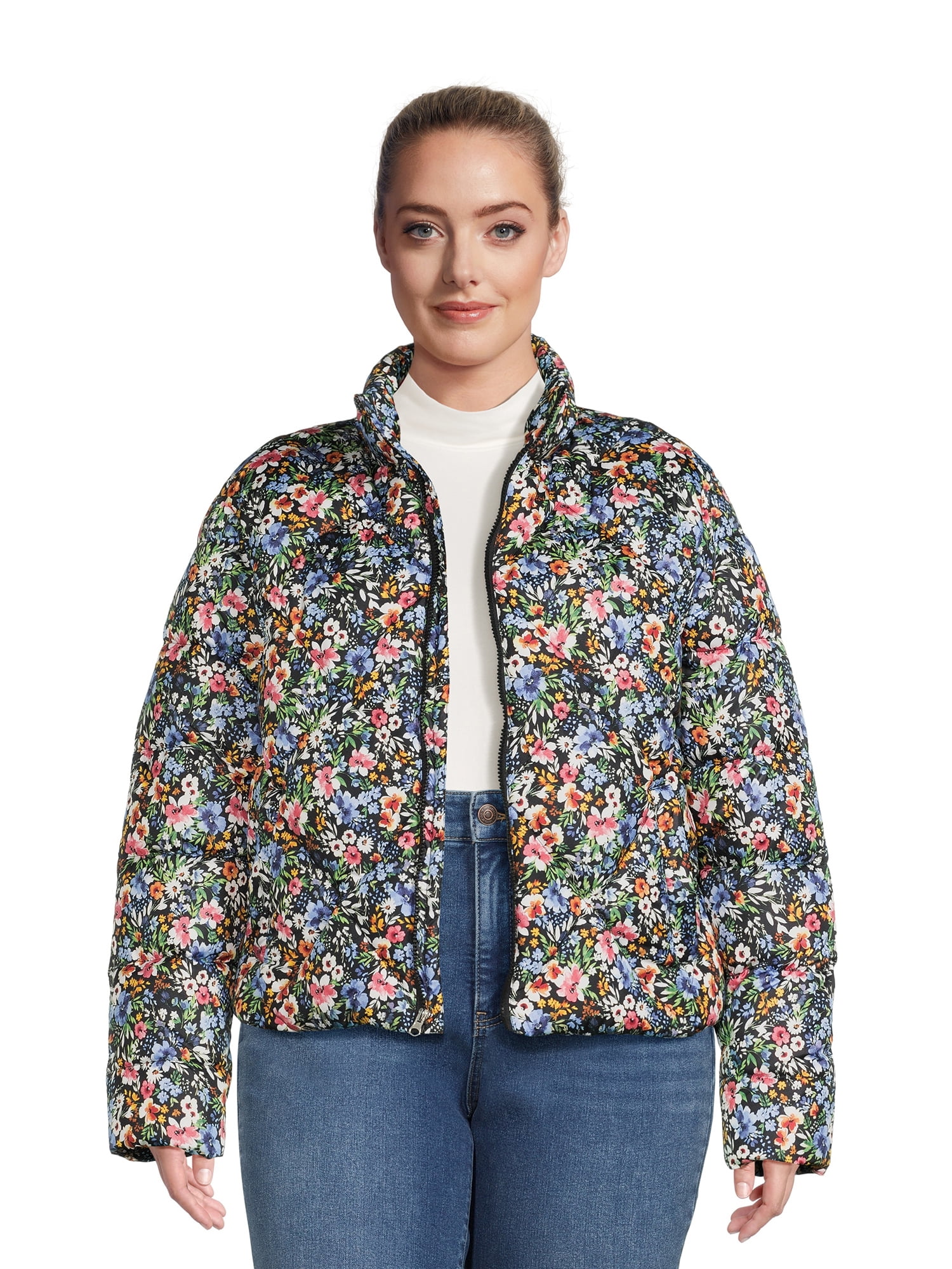 Time and Tru Women's Plus Size Short Print Puffer Jacket - Walmart.com