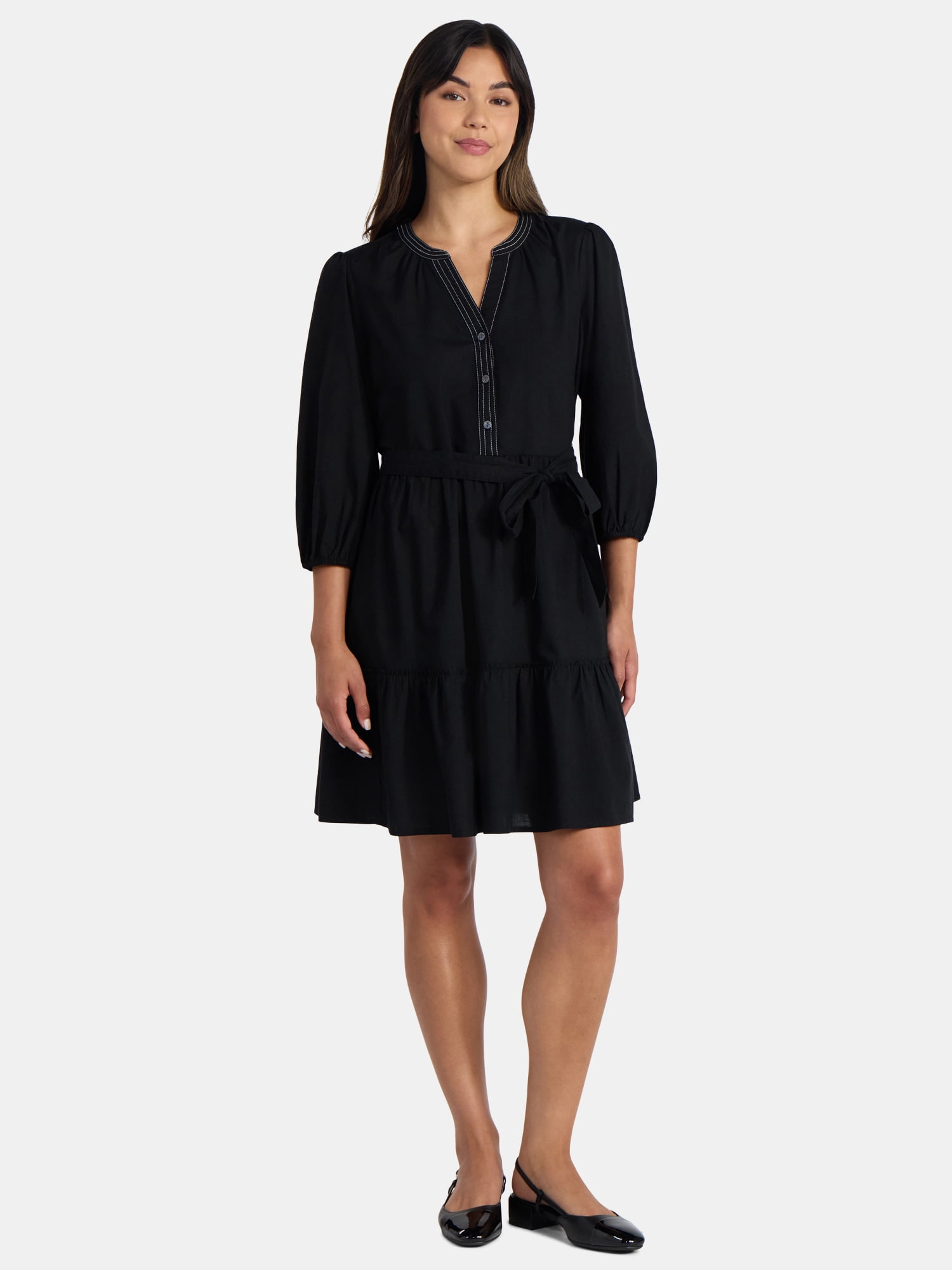 Time and Tru Women's Poplin Shirt Dress with Long Sleeves, Sizes XS ...