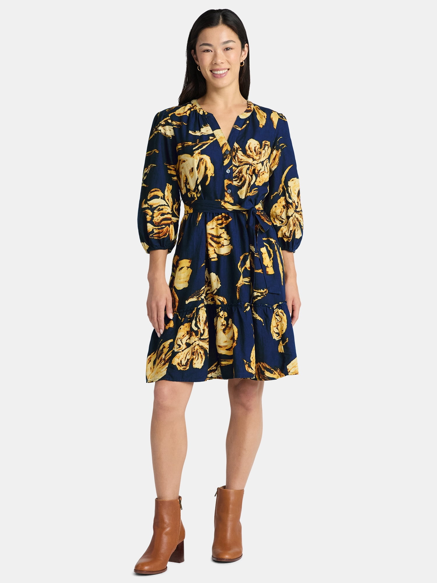 Time and Tru Women's Poplin Shirt Dress with Long Sleeves, Sizes XS ...
