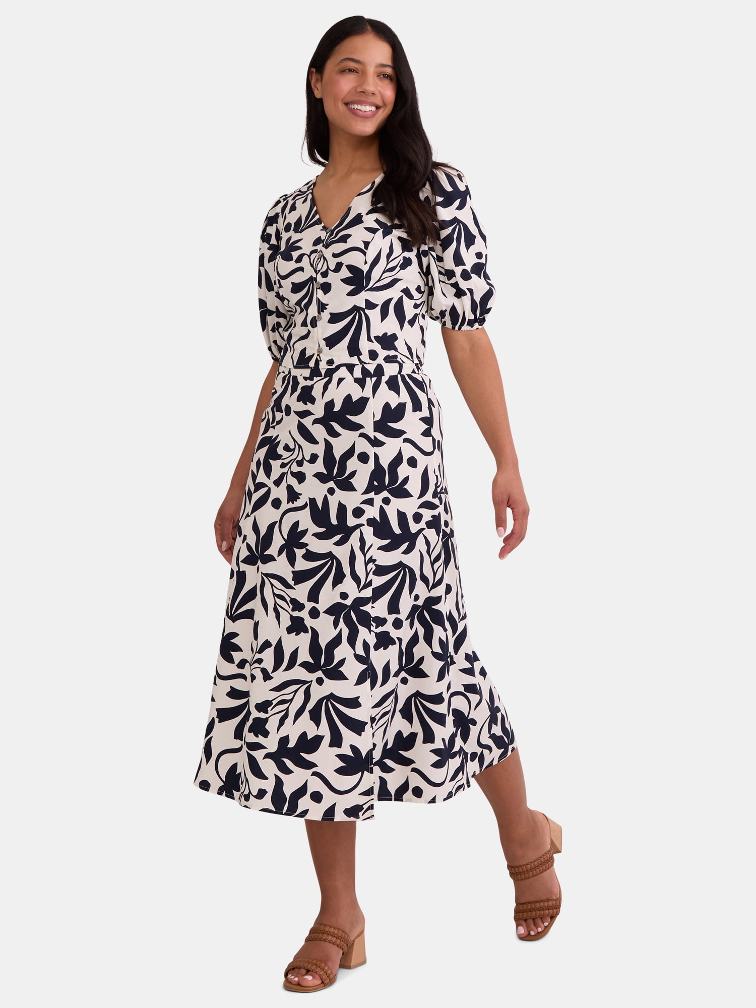 Time and Tru Women's Poplin Skirt Set Sizes XS-XXXL, Smocked Button V ...