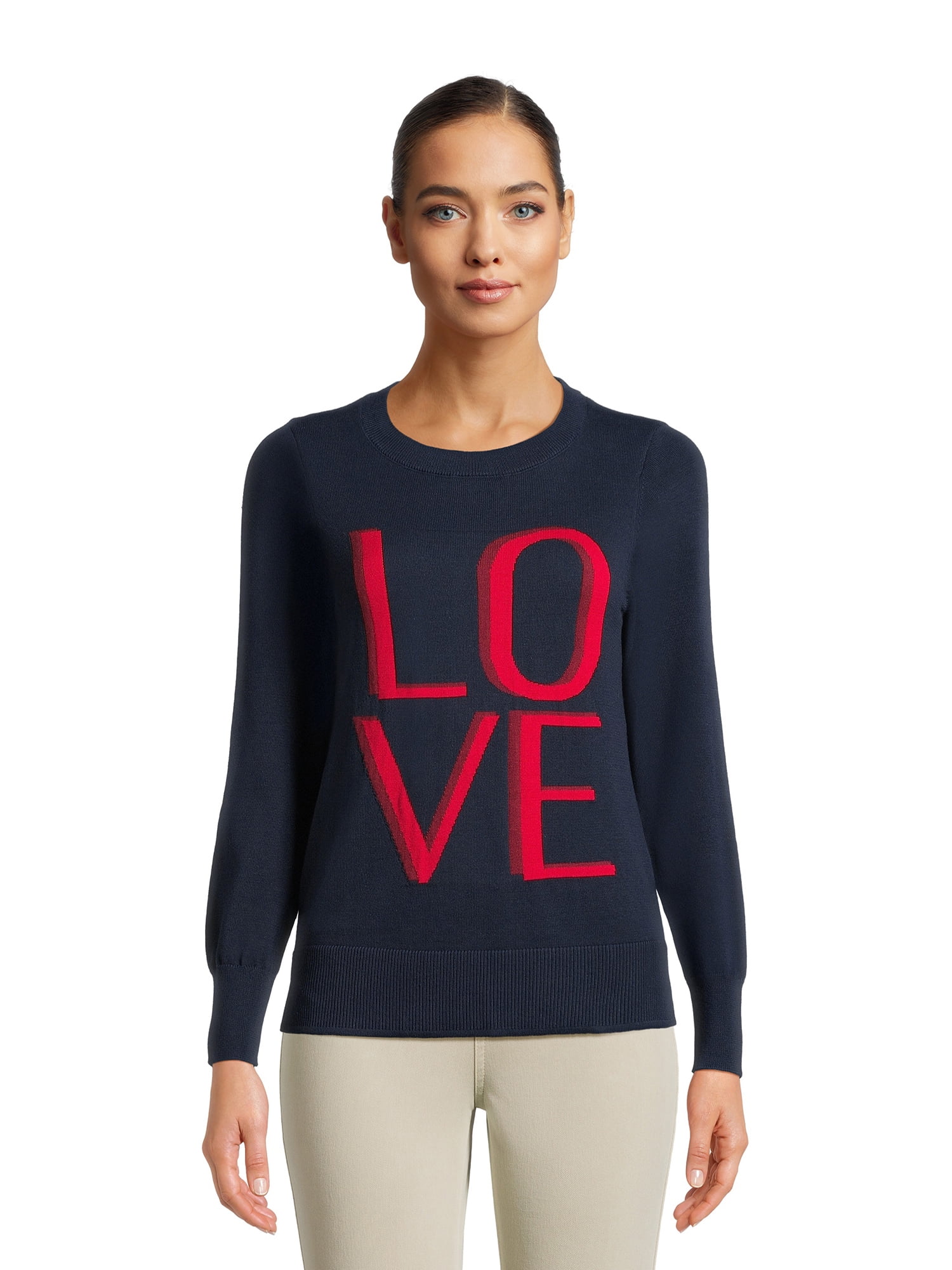Time and Tru Women's Print Crew Neck Sweater, Midweight, Sizes XS-XXXL ...