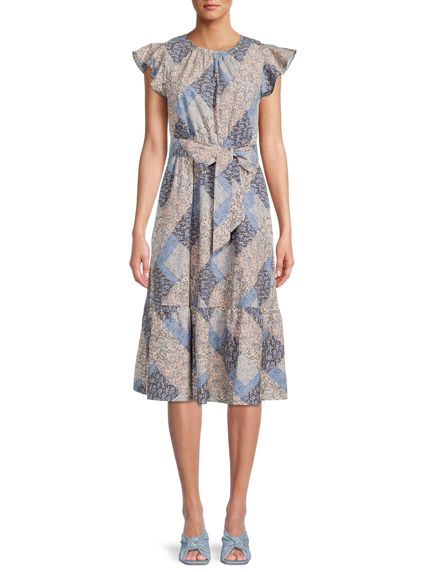 Time and Tru Women's Printed Midi Dress with Flutter Sleeves - Walmart.com