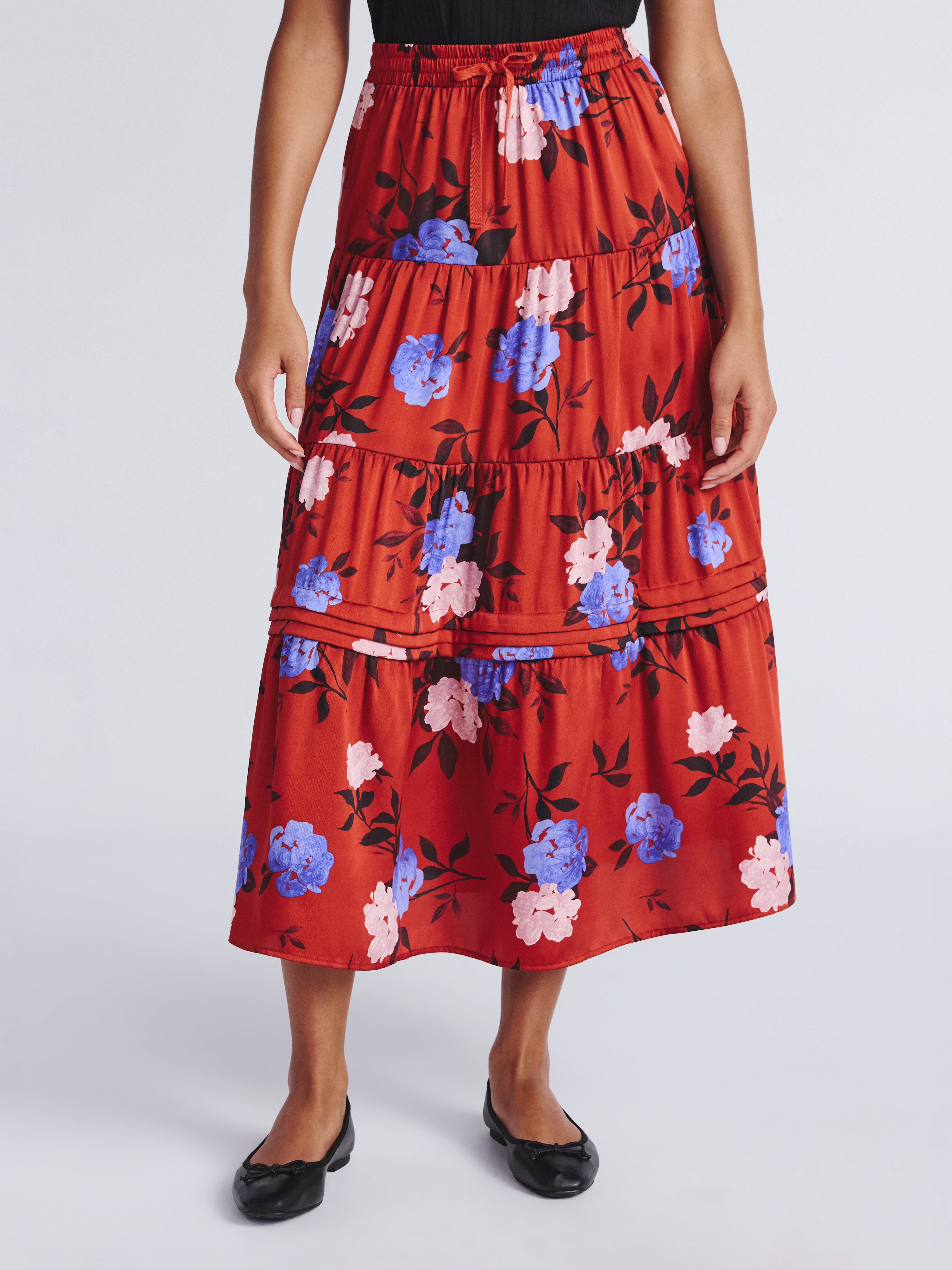 Time and Tru Women's Print Tiered Pull On Midi Skirt, Sizes XS-XXXL ...